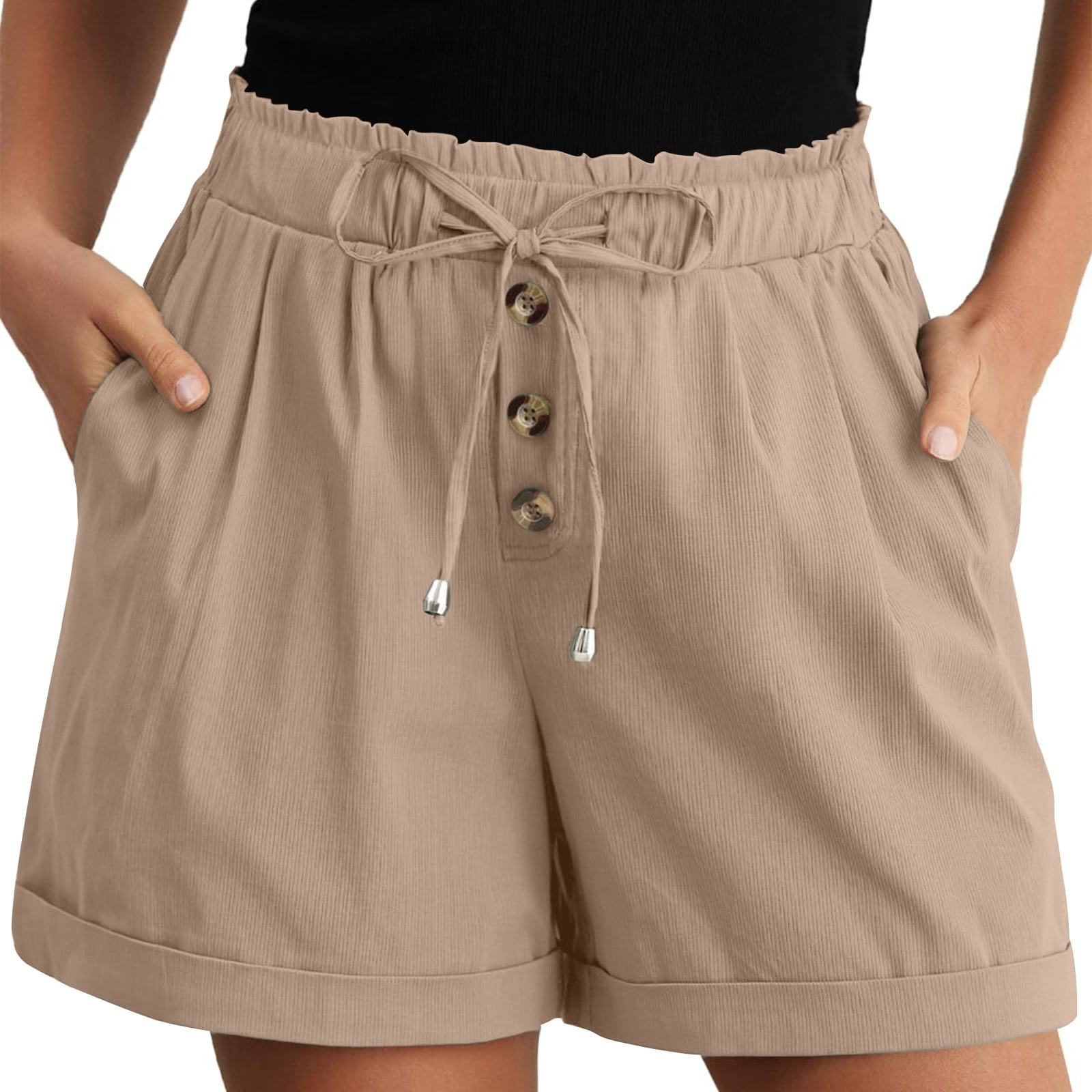 Khaki Faux Gauze Linen Shorts for Women Summer Fall Loose Fit Brunch Stretch Crochet Striped ...