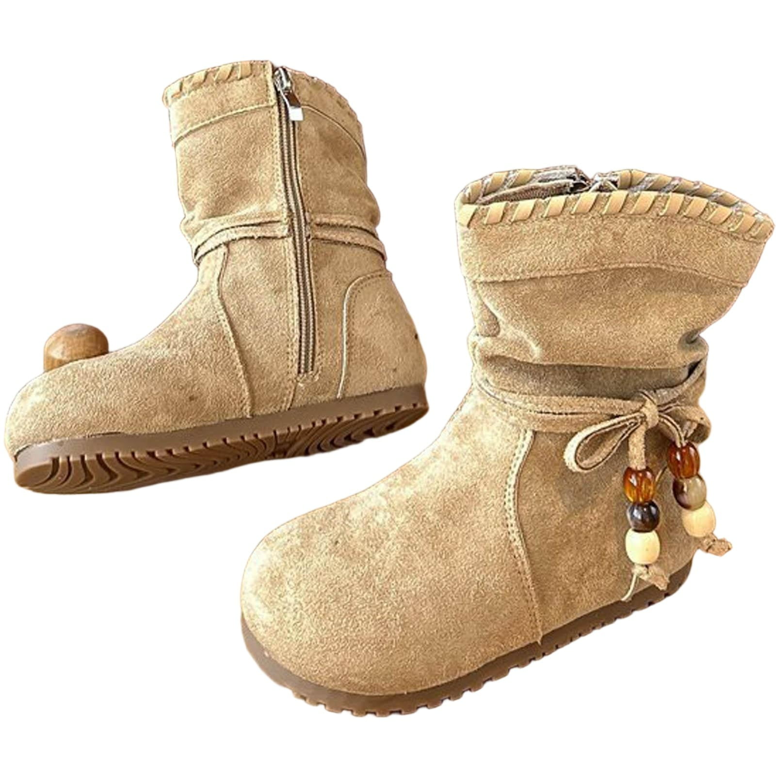 Khaki Girls Mid Length Footwear With Side Zipper And Artificial Leather ...