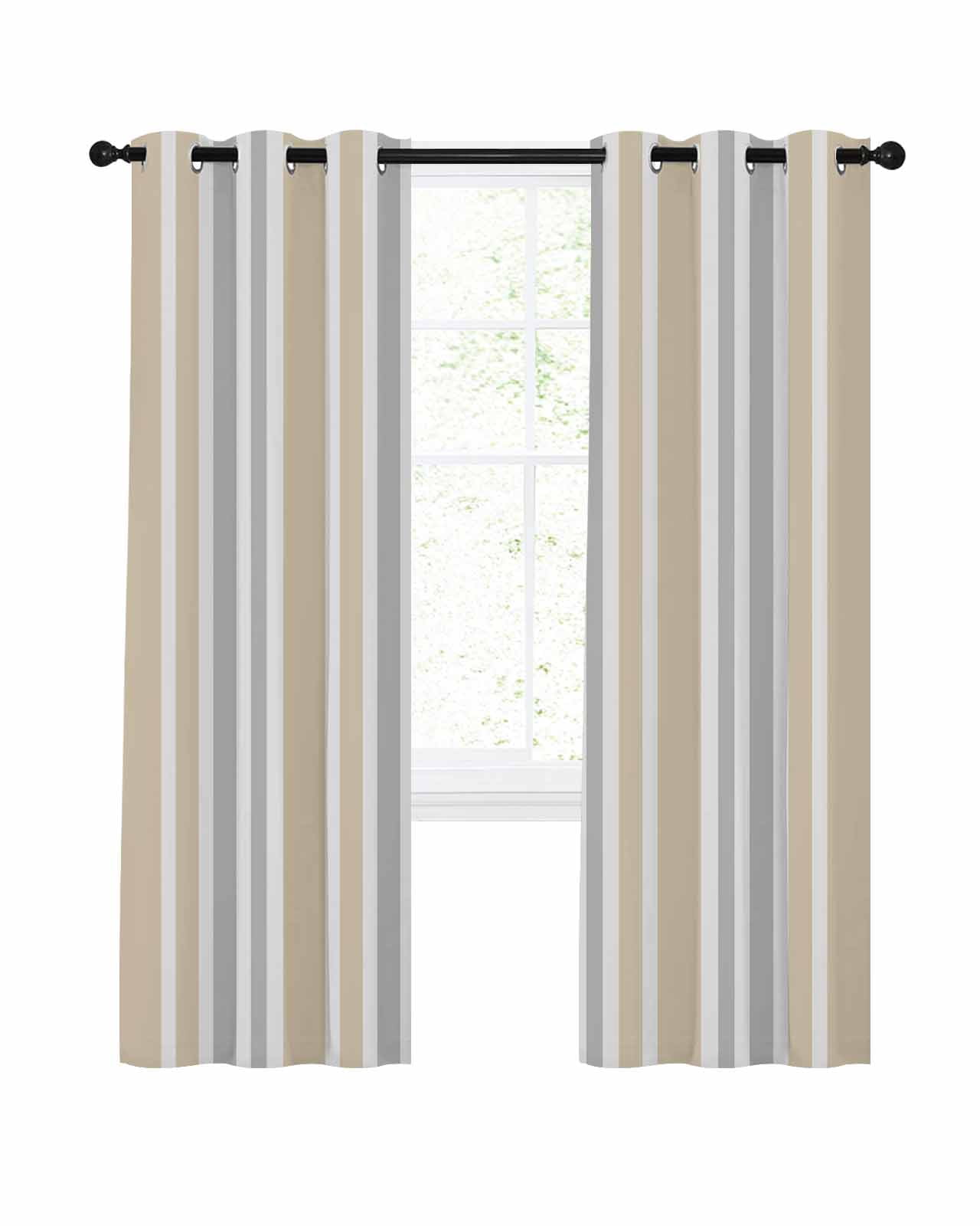 Khaki Grey Striped Blackout Curtains 84 Inches Length, Simple ...