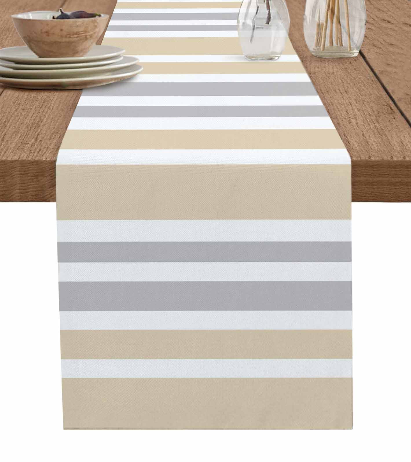 Khaki Grey Striped Short Table Runners 48 Inches, Cotton Linen Fabric ...