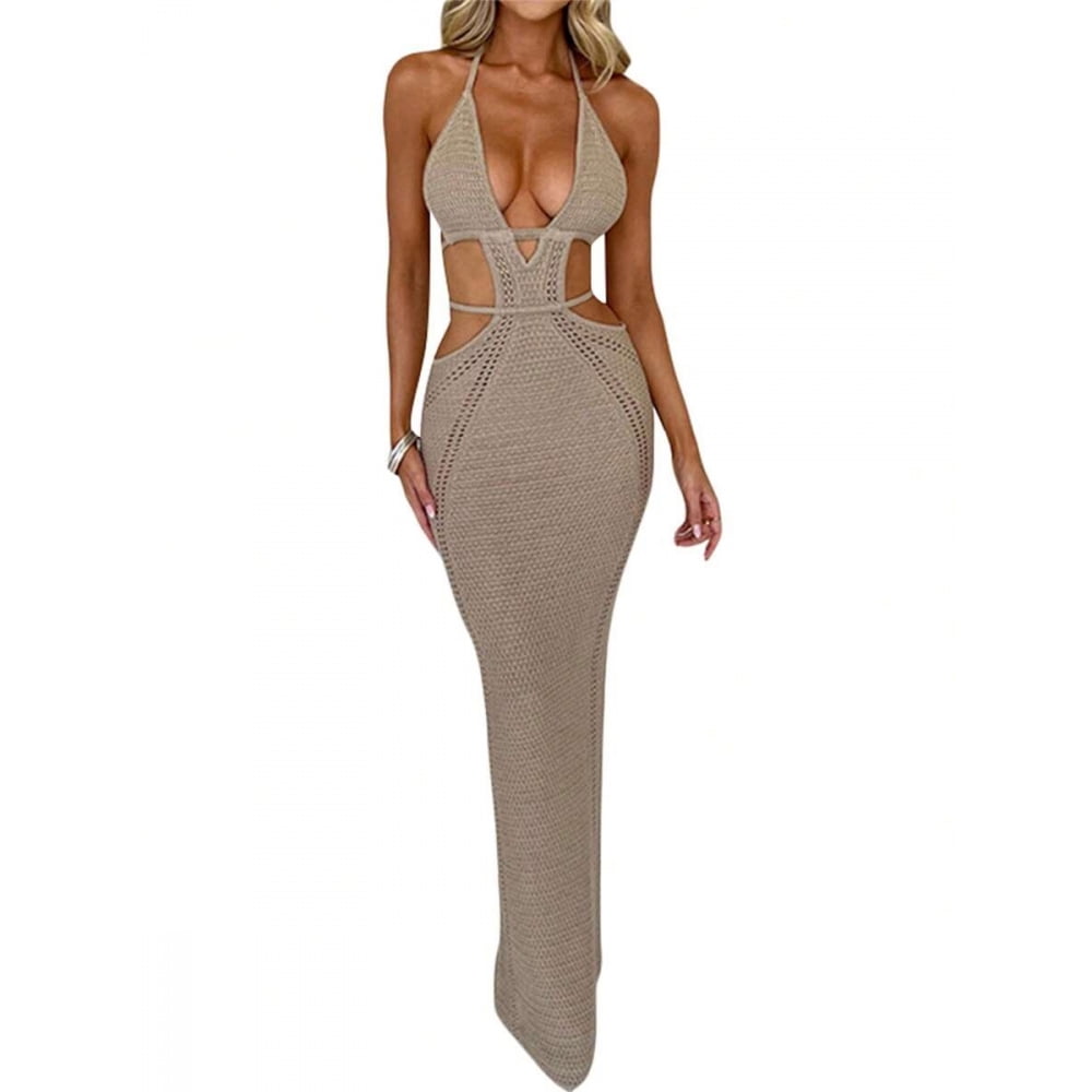 Khaki Halter Neck Bodycon Knit Maxi Dress With Cut-Out Details And Open ...