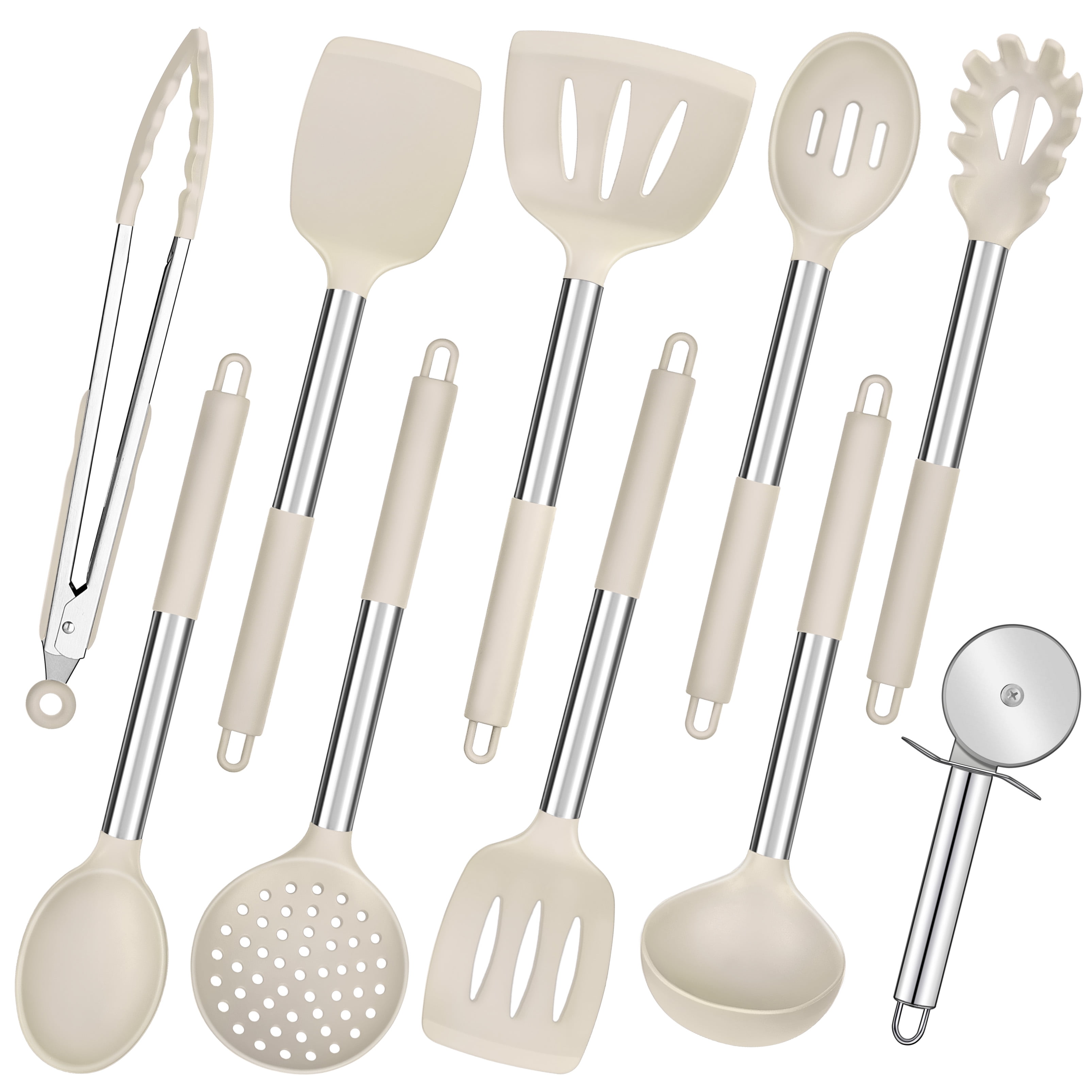 Khaki Kitchen Utensils Set of 10, Walchoice Heat-resistant Silicone ...
