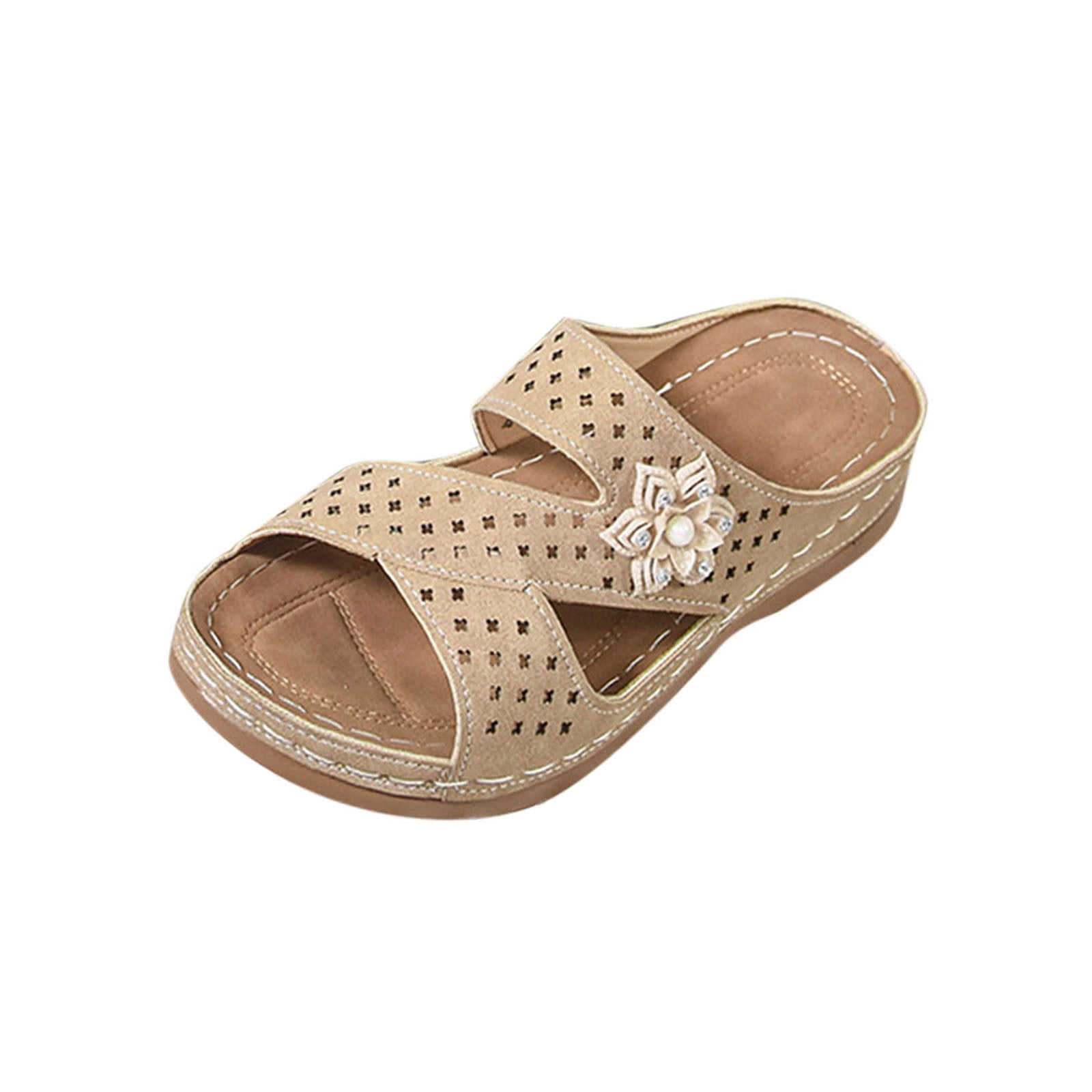 Khaki Ladies Easy-Wear Flower Slippers In Khaki With A Fish Mouth Open ...