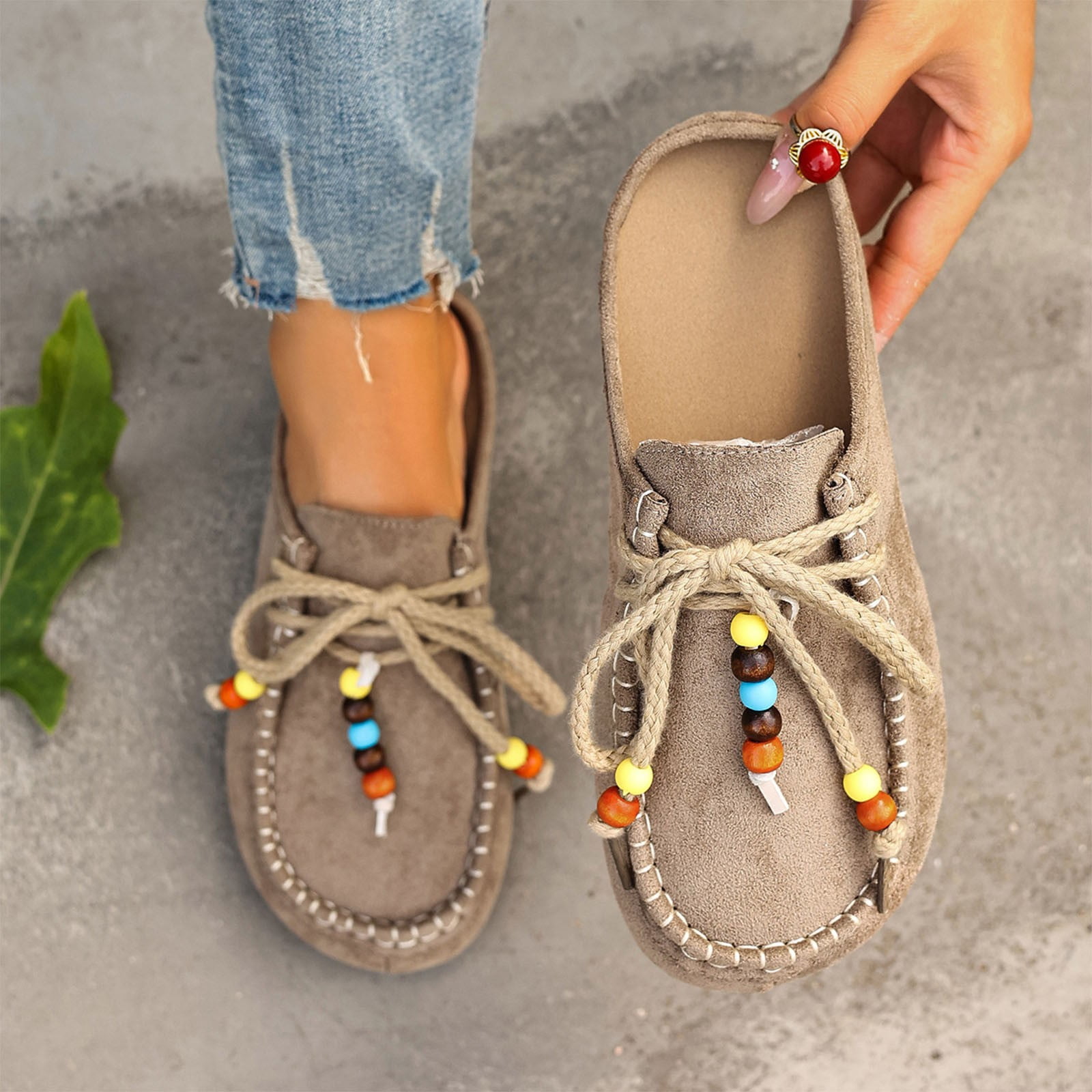 Khaki Ladies Flat Shoes Beaded Laced Soft Flock Moccasin Stitching ...