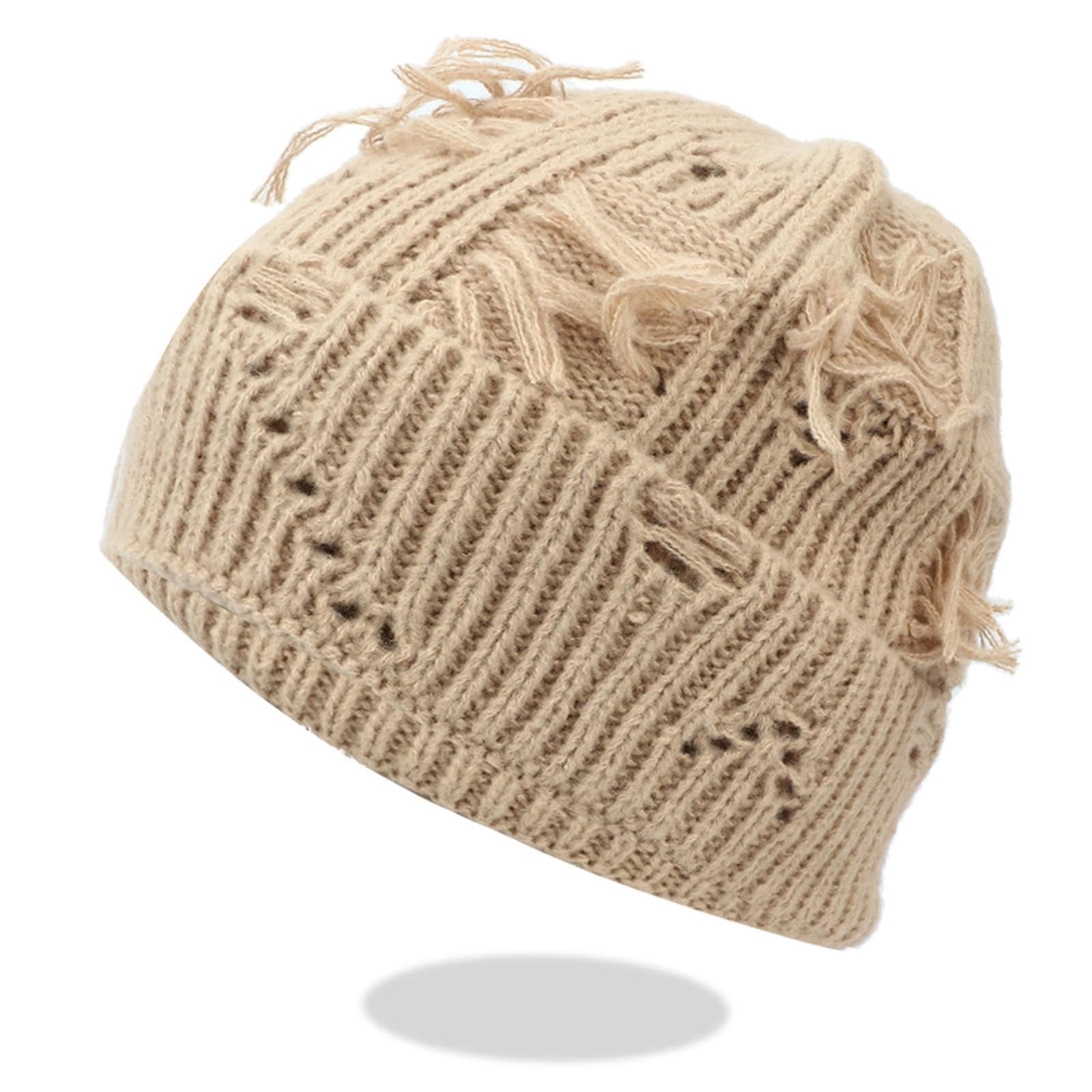 Khaki Ladies Winter Knit Beanie With Broken Hole Unisex Hat For Men ...