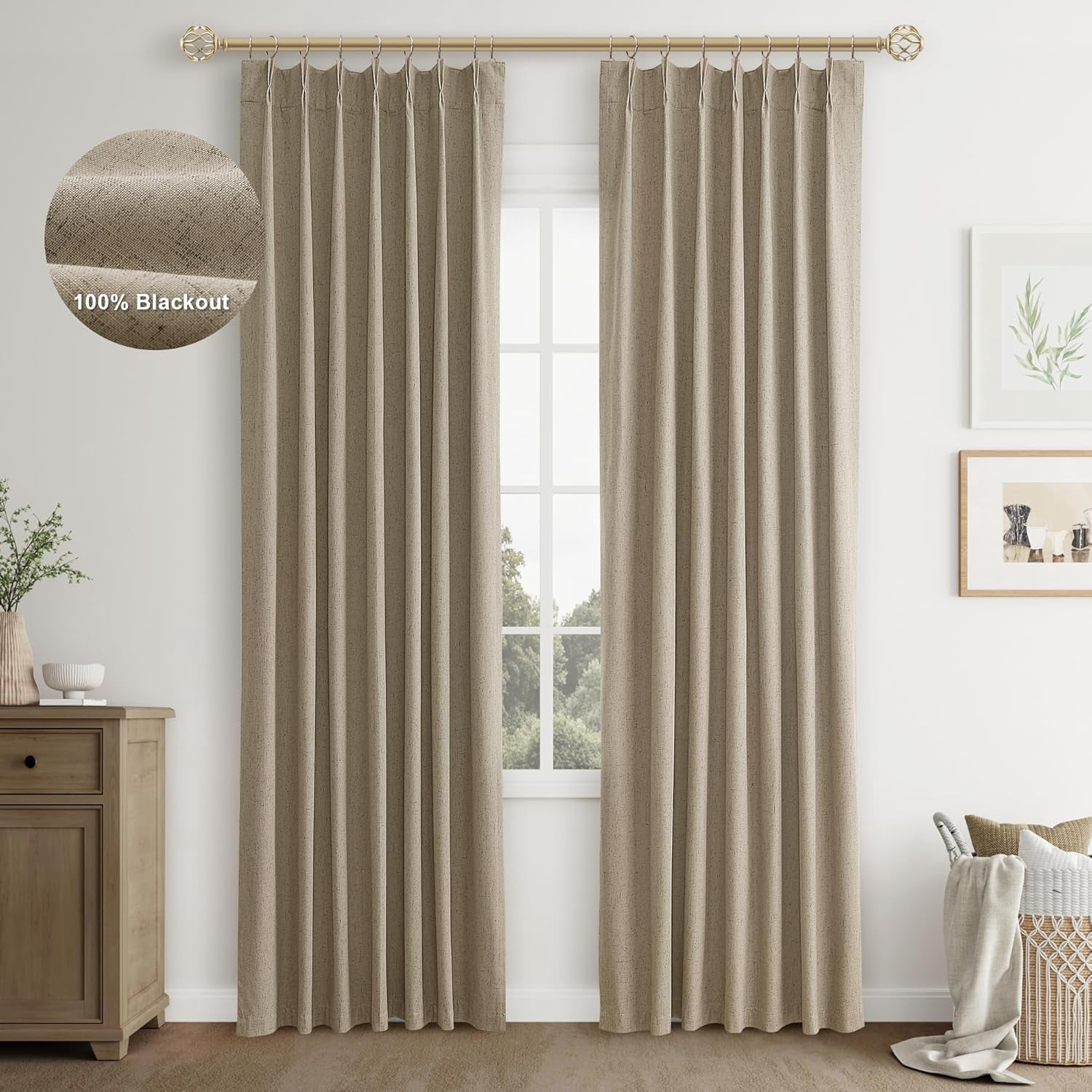 Khaki Linen 100% Blackout Curtains 84 Inches Long,Pinch Pleated Back ...
