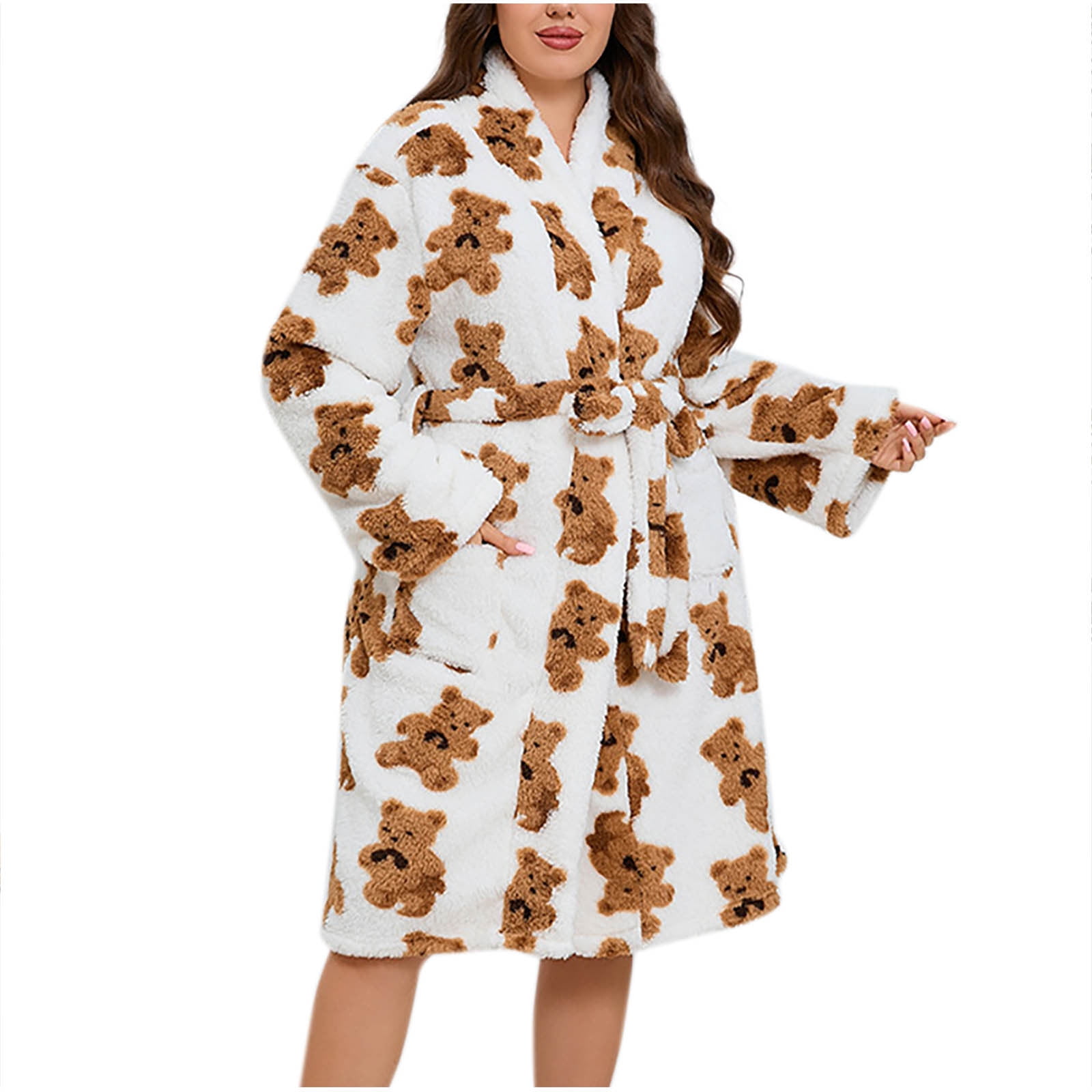 Khaki Long Sleeve Bath Robe for Women Fall Winter Fleece Lined Wool ...
