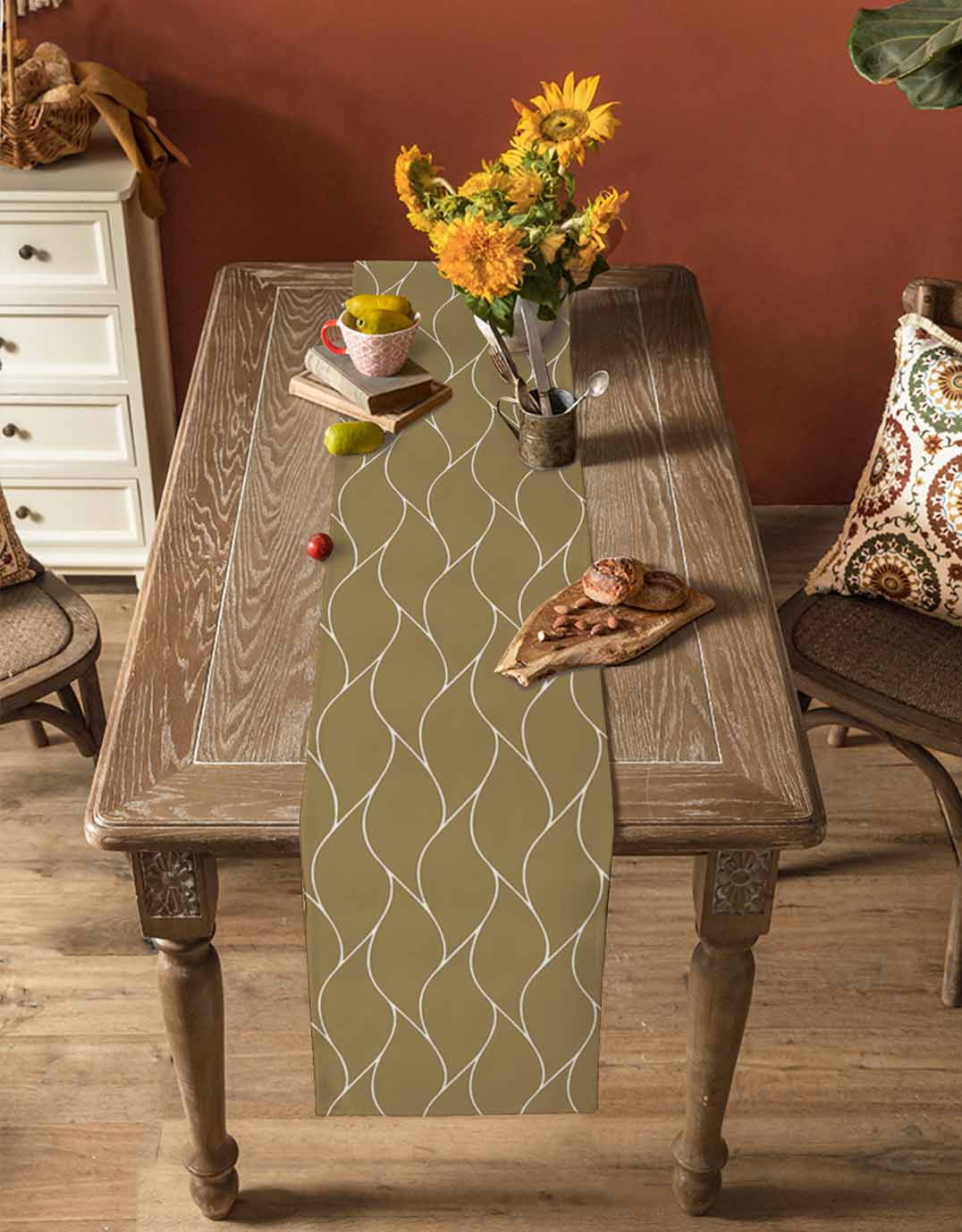 Khaki Long Wave Pattern Texture Table Runner Cotton Lin Wedding Table r ...