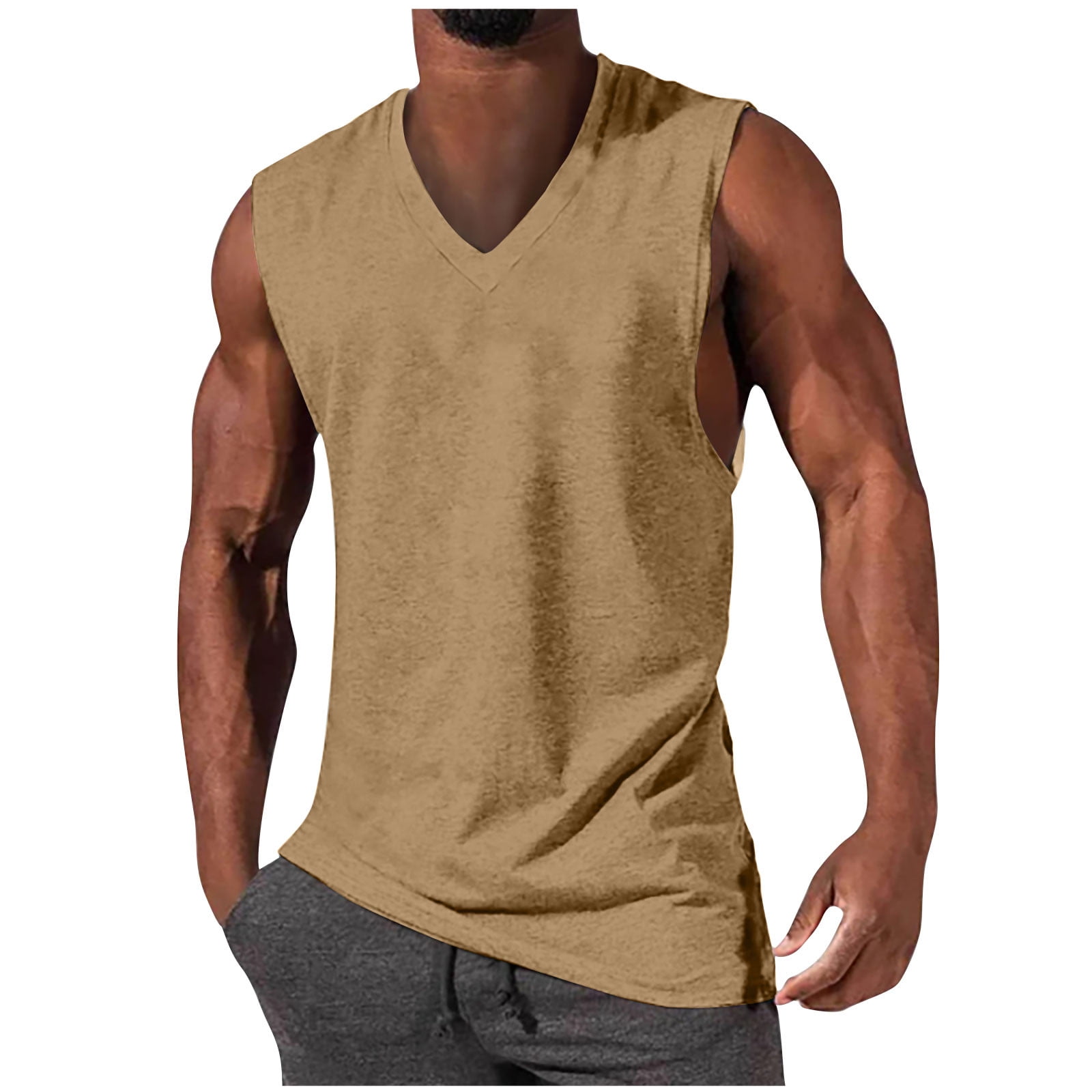Khaki Loose Fit Vest for Man Summer Fall Sleeveless V Neck Work Out Gym ...