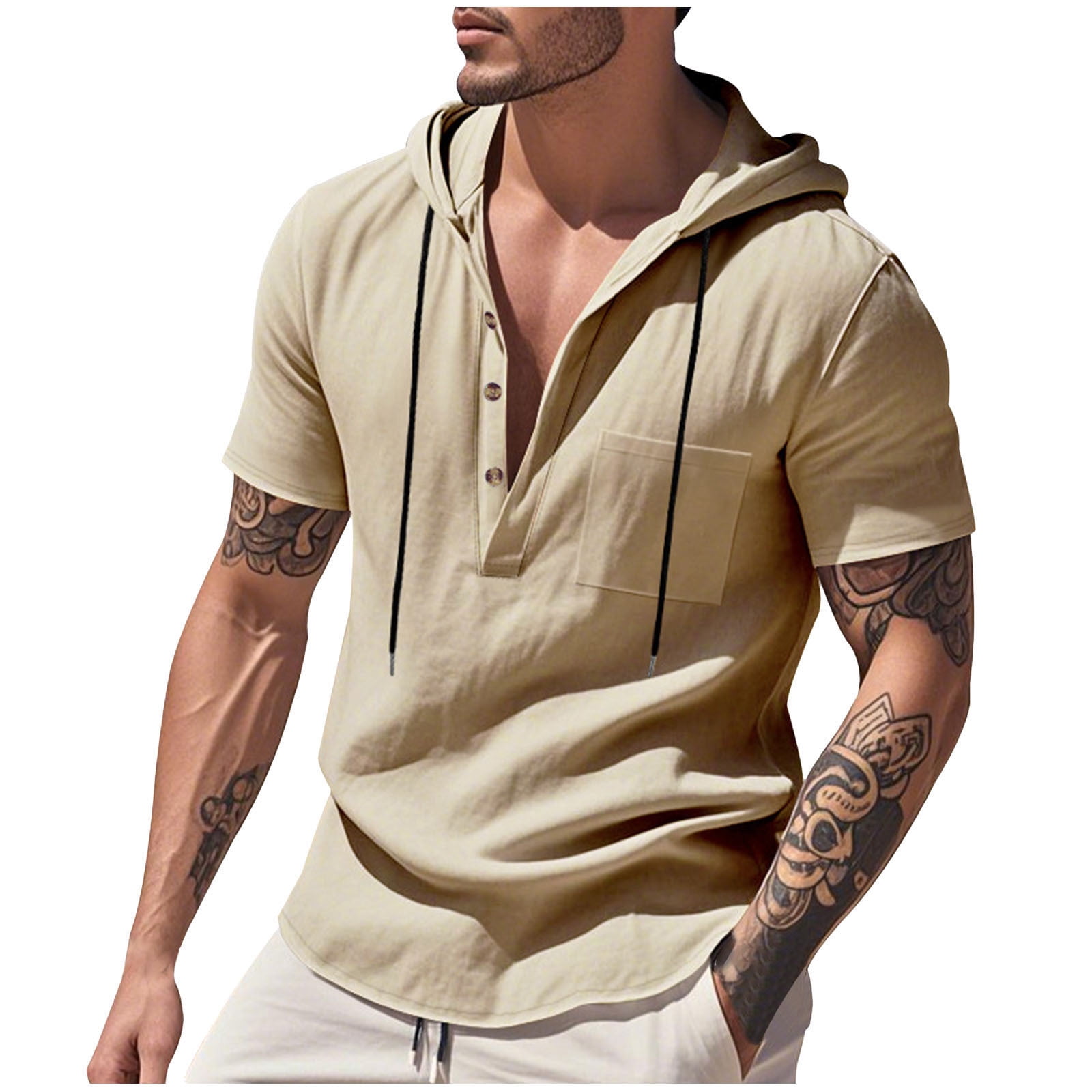 Khaki Lounge Button Up Hood for Man Summer Fall Short Sleeve Faux Linen ...