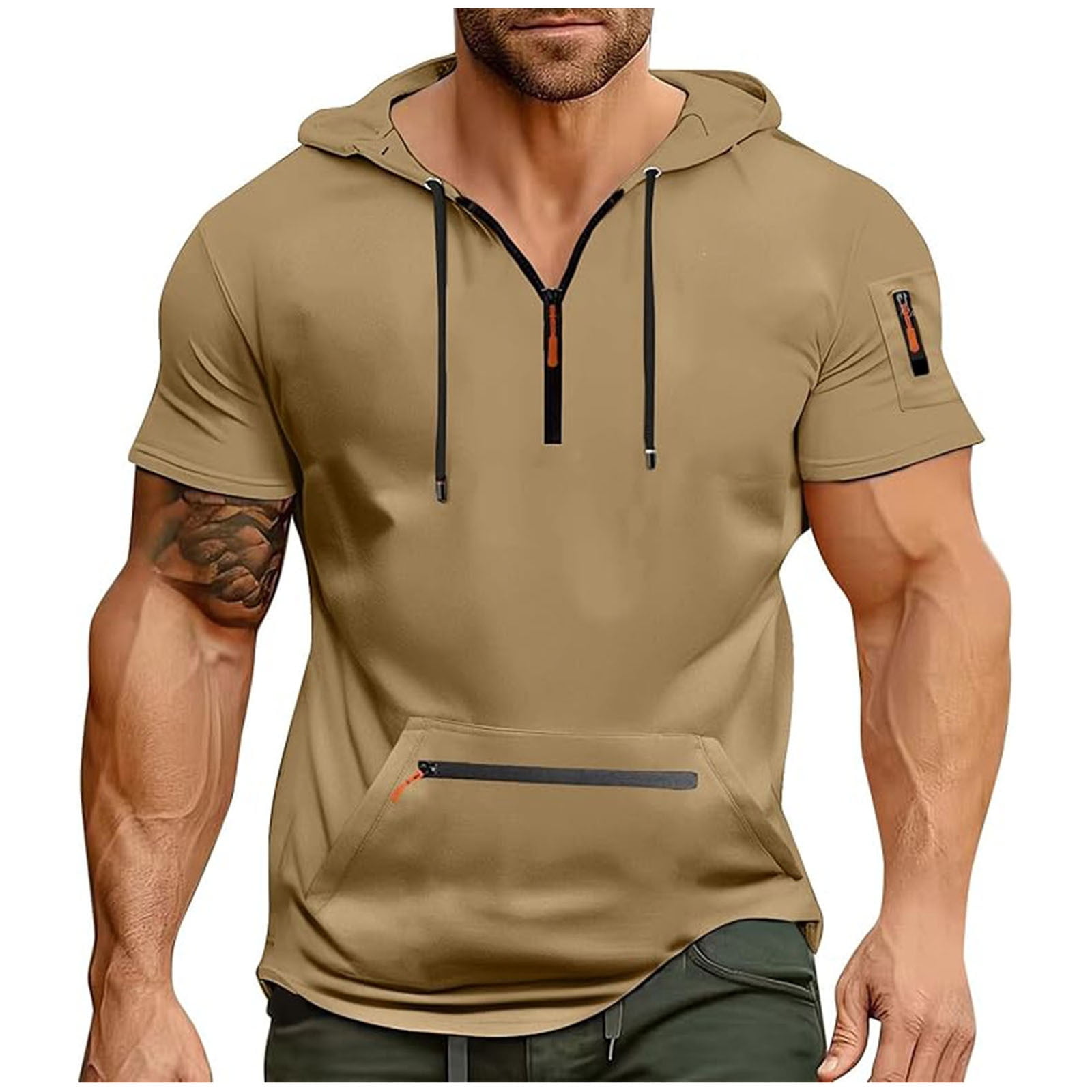 Khaki Lounge Zip Up Outfits for Mens Summer Fall Short Sleeve Hooded ...