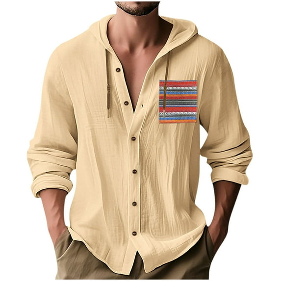Khaki Man Faux Gauze Linen Casual Button Hood Outfits for Man Long ...