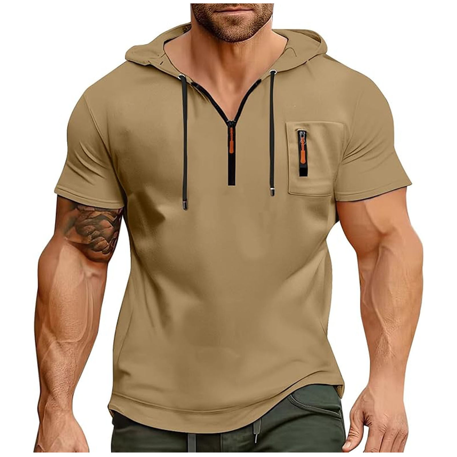 Khaki Man Lounge Zip Up Short Sleeve Hoodies Coat for Mens Hooded Basic ...