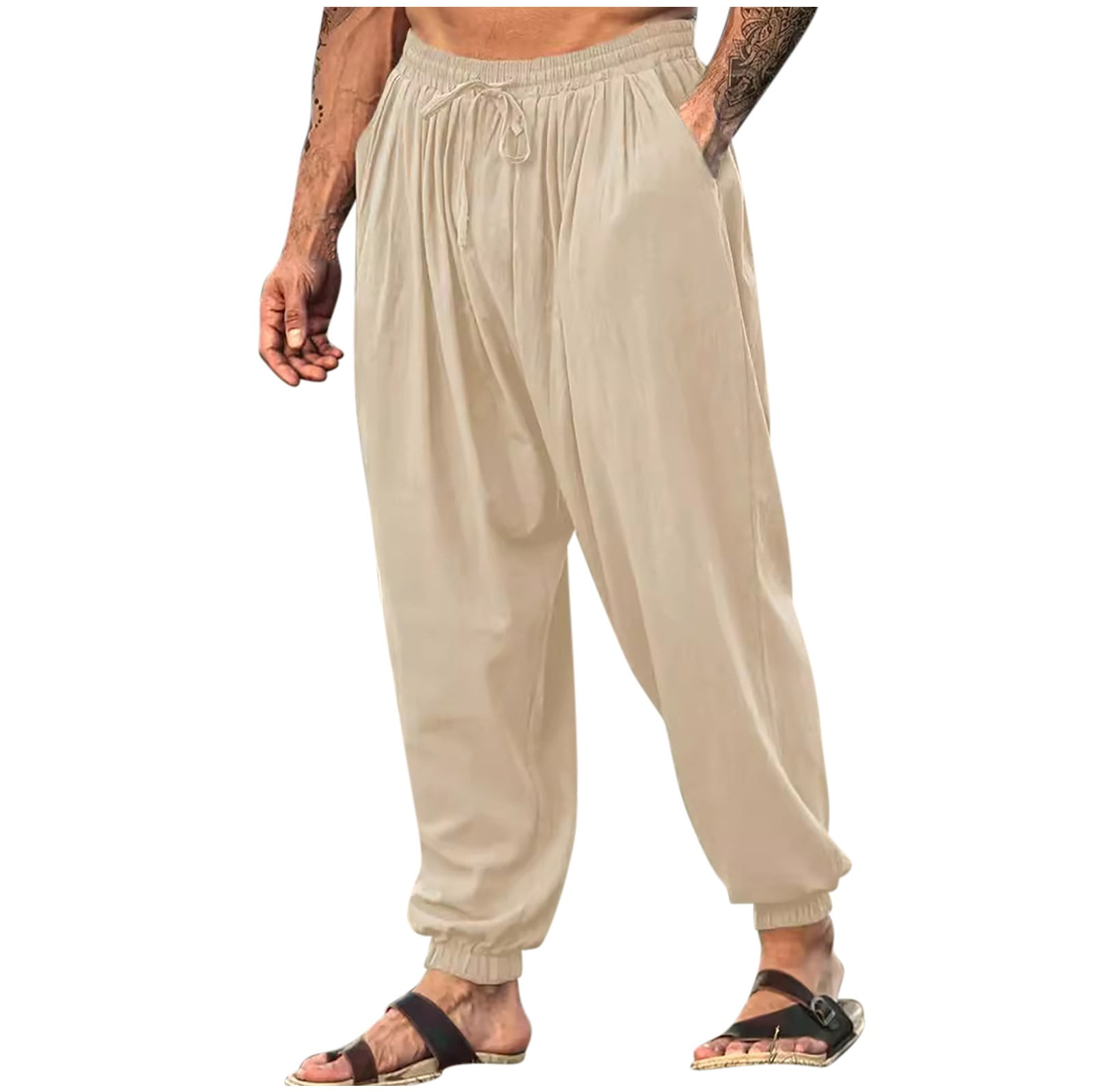 Khaki Mens Faux Gauze Linen Trousers Pants Brunch Trousers Pants for ...