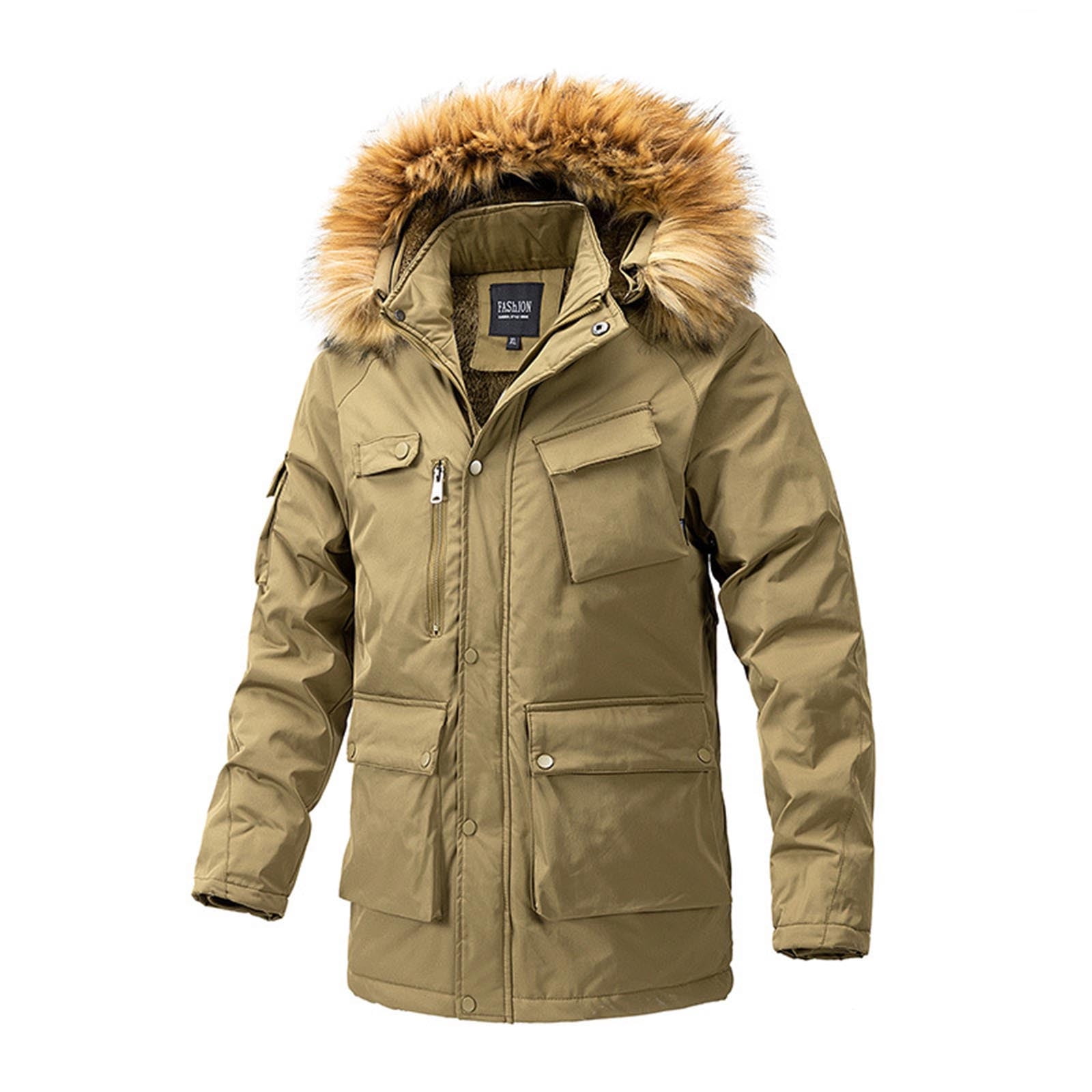 Khaki Mens Long Padded Jacket Hoods Outfits for Man Collared Neck ...