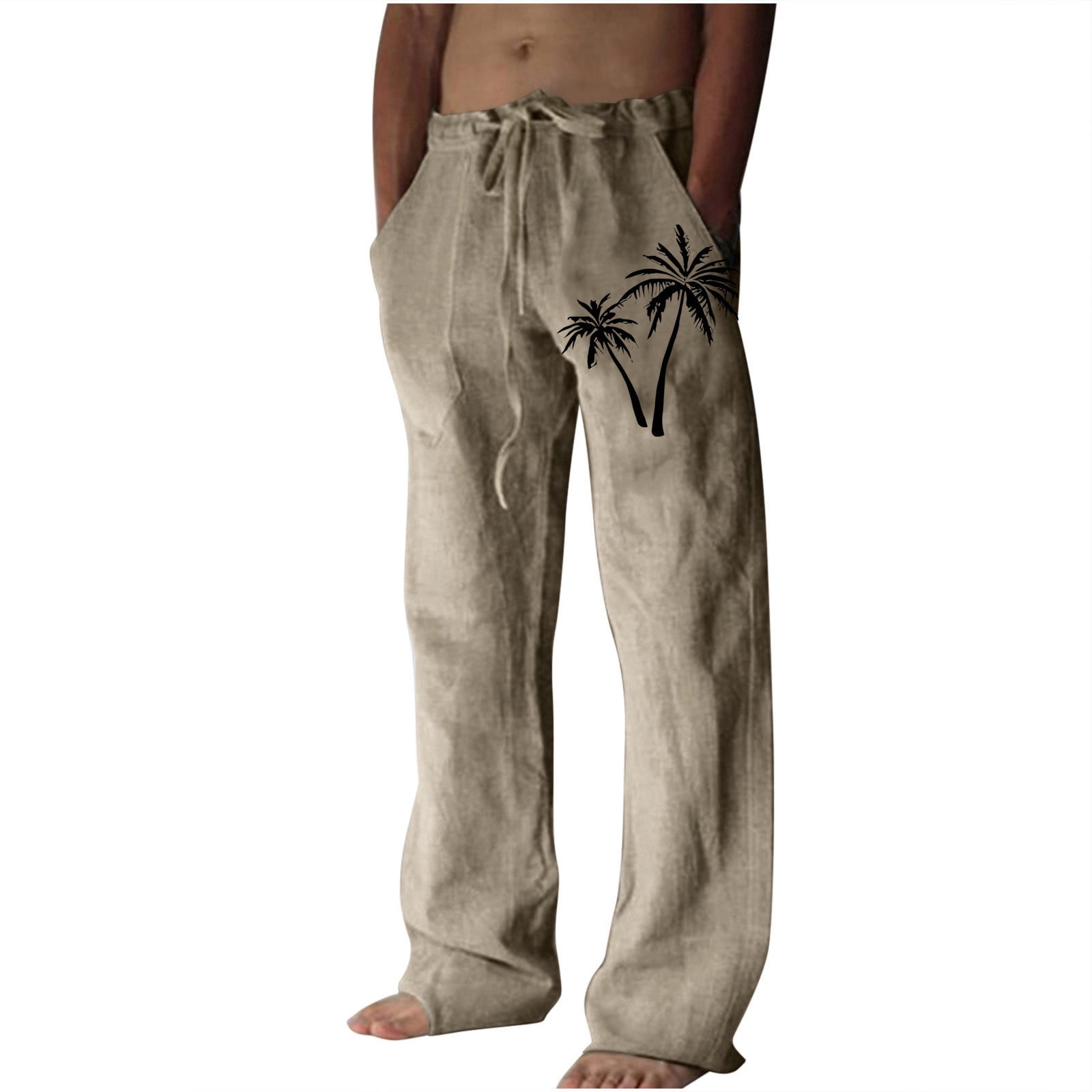 Khaki Mens Print Loose Fit Trousers Pants for Man Faux Linen Beach ...