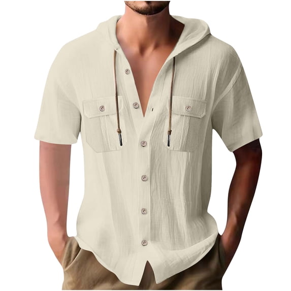 Khaki Mens Short Sleeve Hoods Outfits for Mens Faux Gauze Linen Casual ...