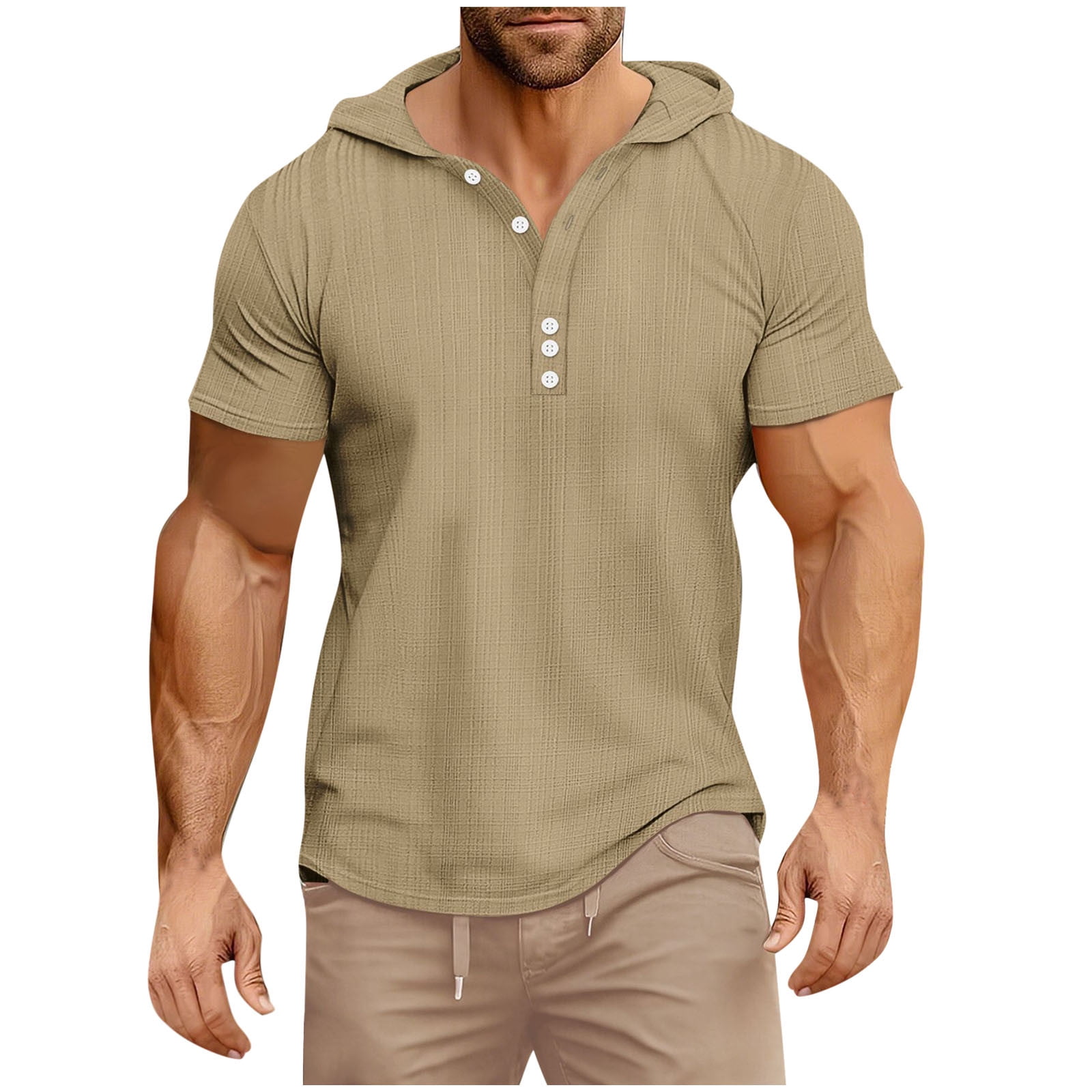 Khaki Mens Spandex Hooded Coat for Mens Short Sleeve Workout Gym Lounge ...