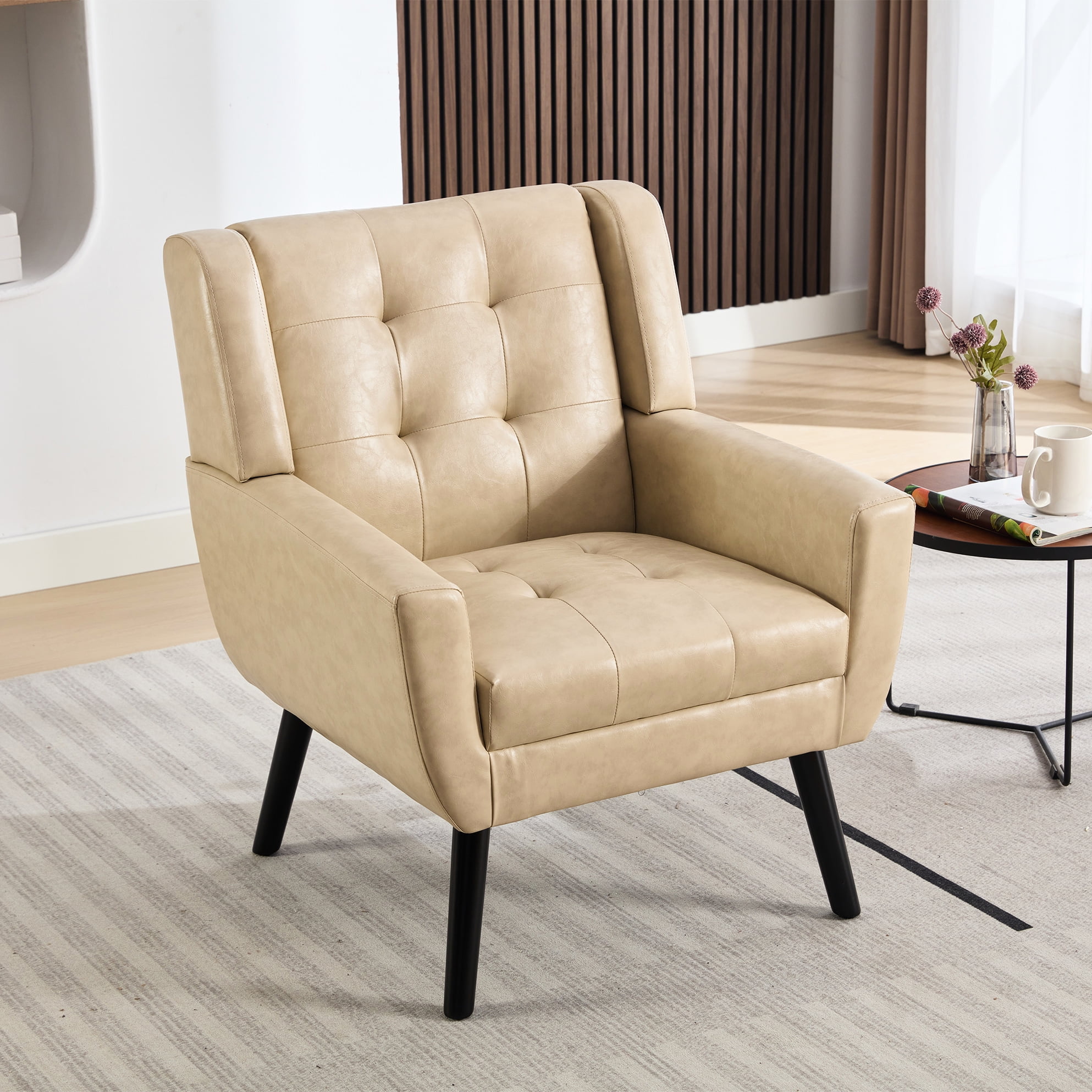 Khaki Pu Living Room Chair With Tight Back, Ergonomic, Black Legs, 34.6 ...