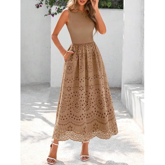 Khaki Sleeveless Crew Neck Lace Eyelet A-Line Flowy Tank Maxi Dress ...