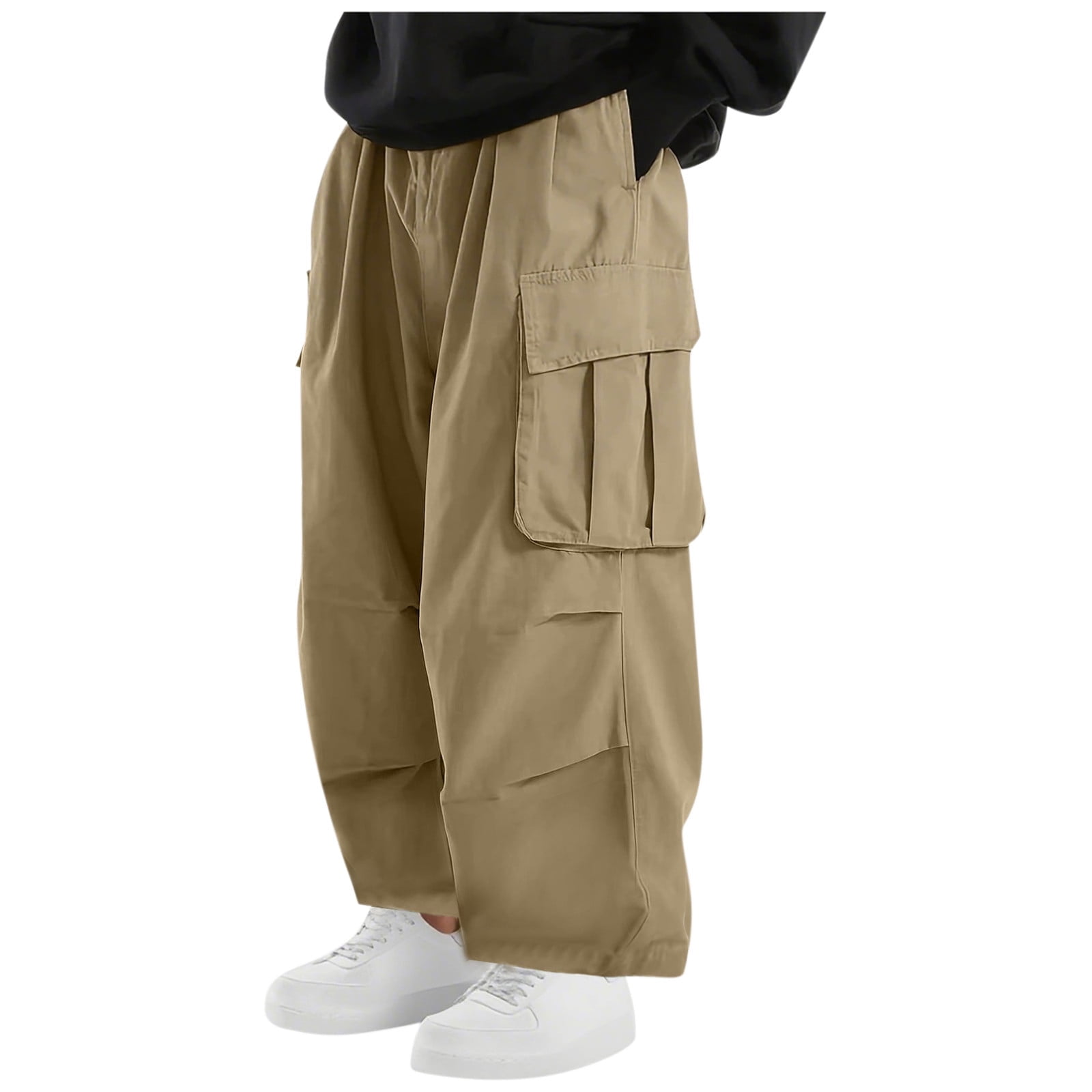 Khaki Straight Leg Basic Long Leg Work Wild Cargo Stretch Trousers ...