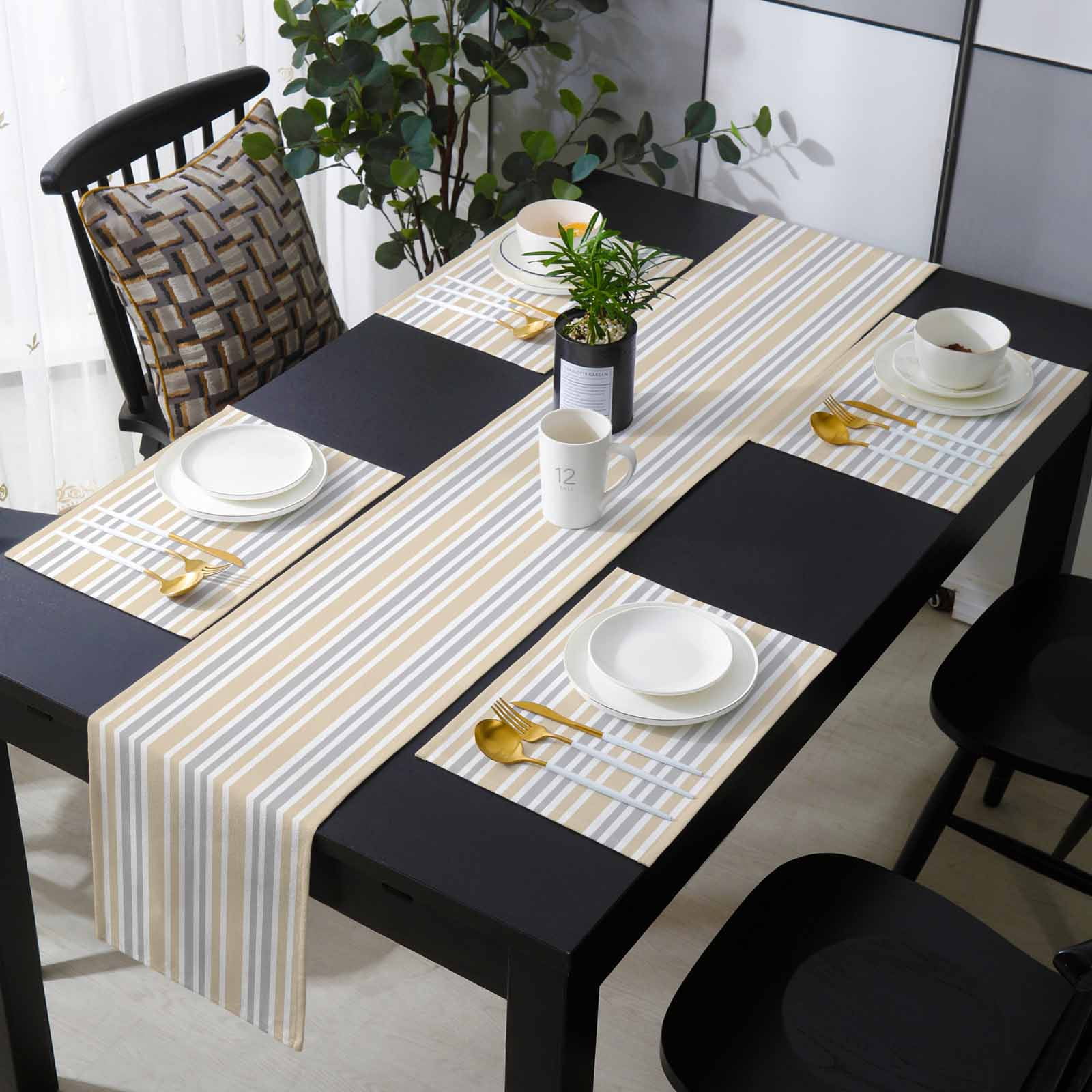 Khaki Striped Placemats Set of 6 with 90 Inches Long Table Runners ...