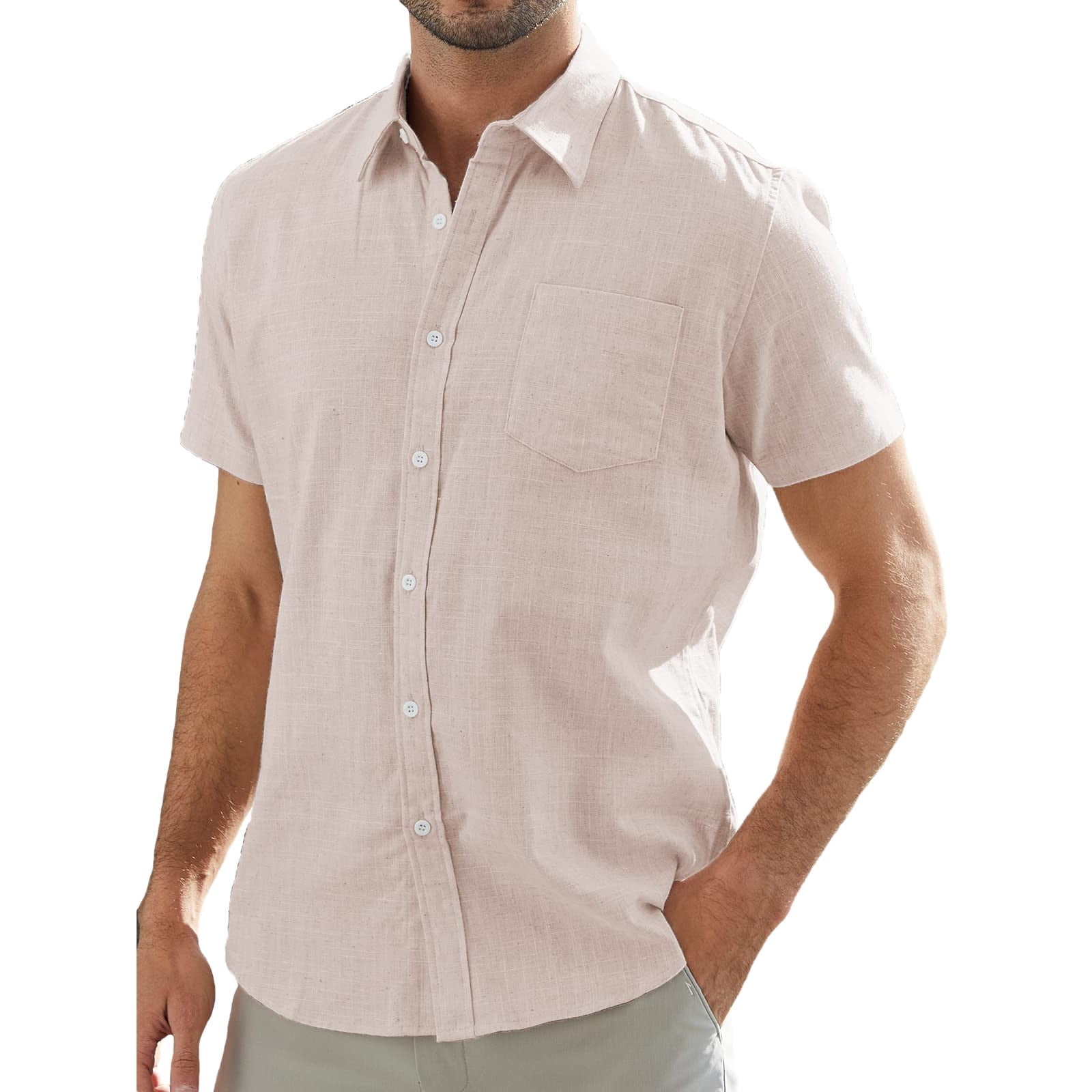 Khaki T-Shirts Mens Cotton Solid Pocket Buckle Lapel Short Sleeve Shirt ...