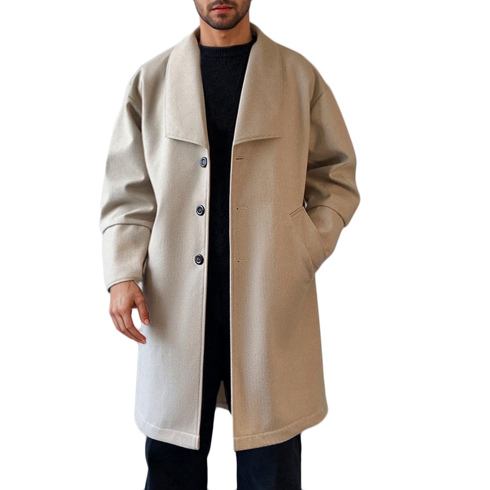 Khaki Trench for Mens Winter Fall Long Sleeve Collared Neck Fleece ...