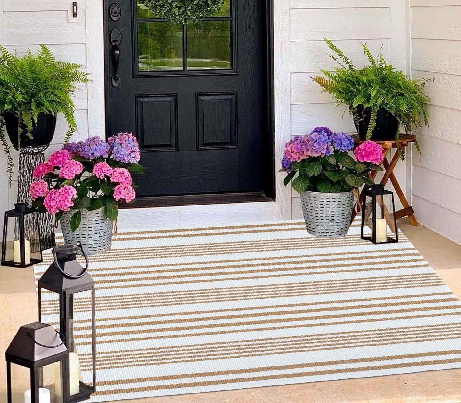 Khaki and White Outdoor Rug 3'x 5' Hand-Woven Cotton Washable Rug ...