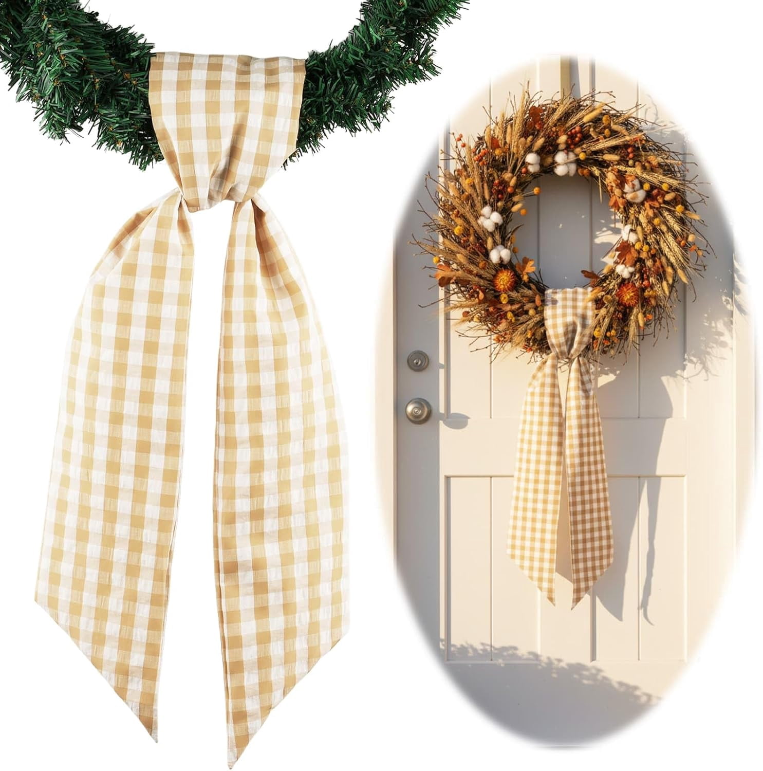 Khaki White Plaid Wreath Sash Front Door Decoration, Blank Sash Wedding ...