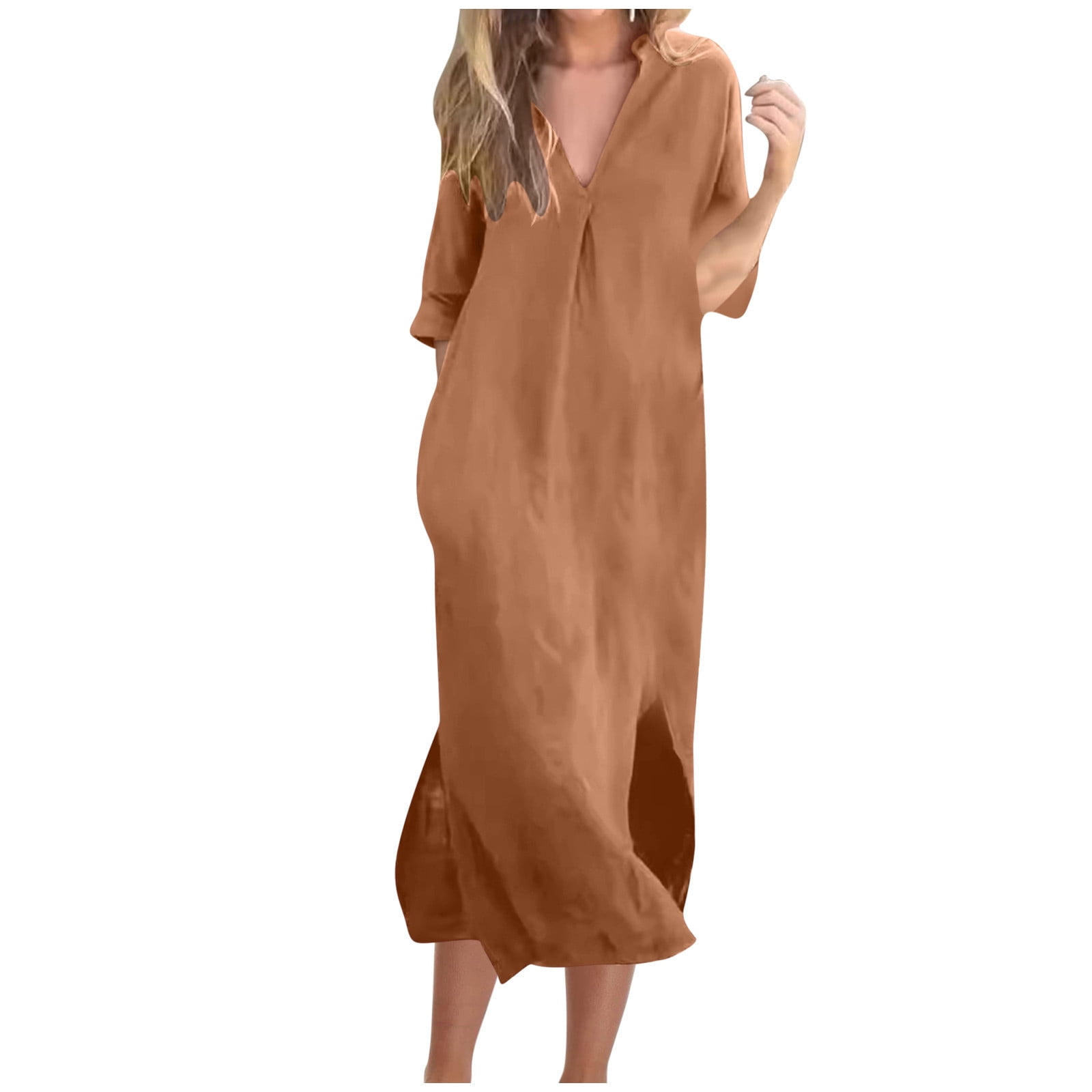Khaki Women Lounge Dresses for Women Short Sleeve Plain Long Summer ...