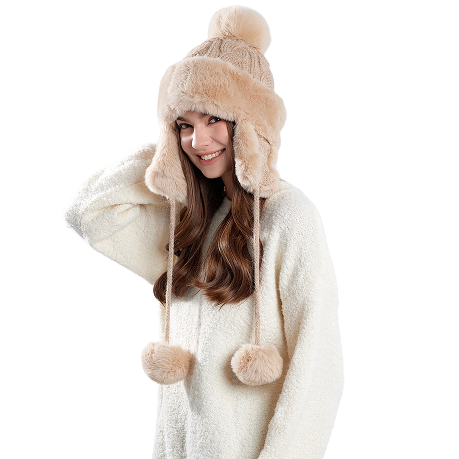 Khaki Women Pom Pom Knit Hat, Winter Warm Beanie With Earmuffs And Soft ...