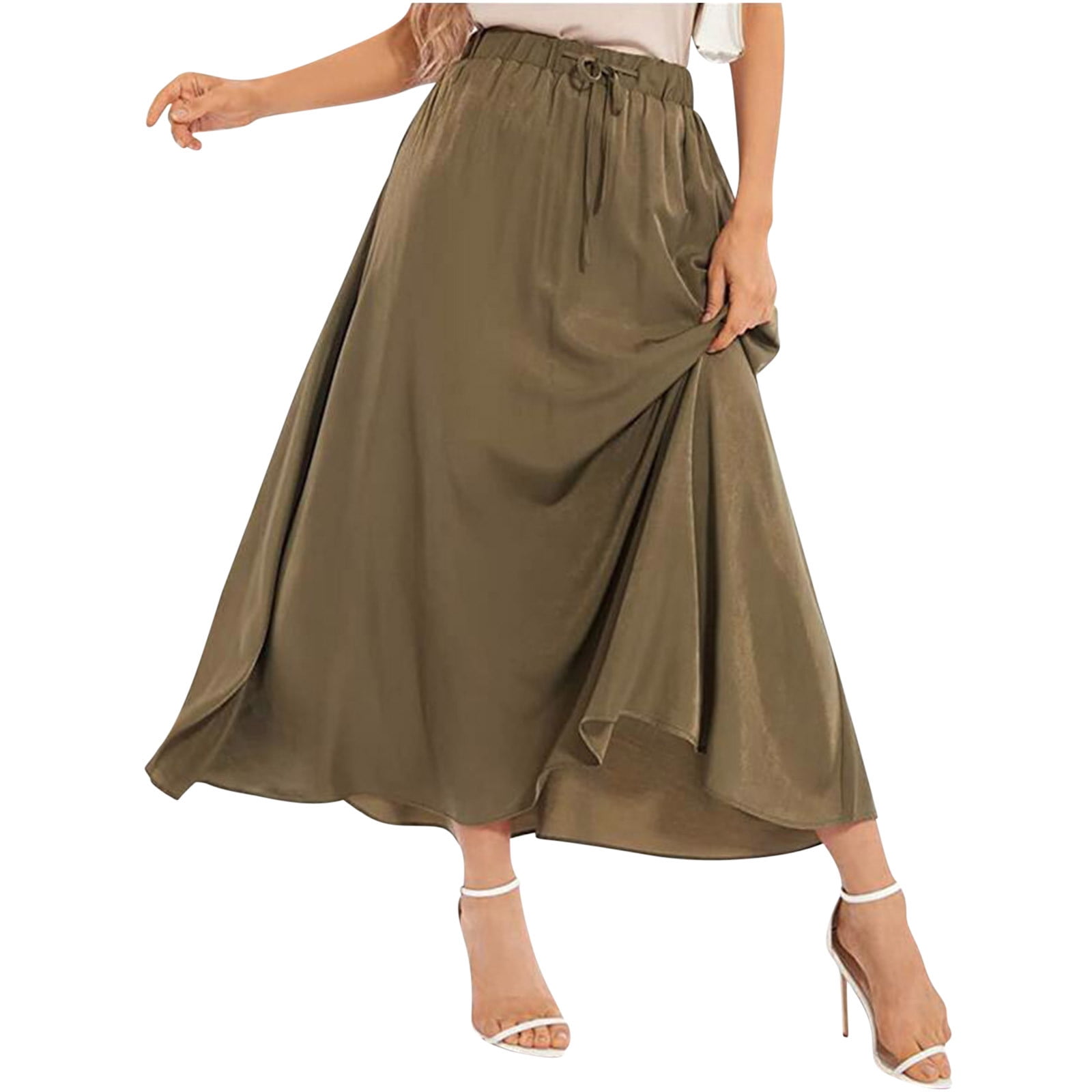 Khaki Womens Loose Fit Skirt for Women Faux Satin Elegant Medieval Tie ...