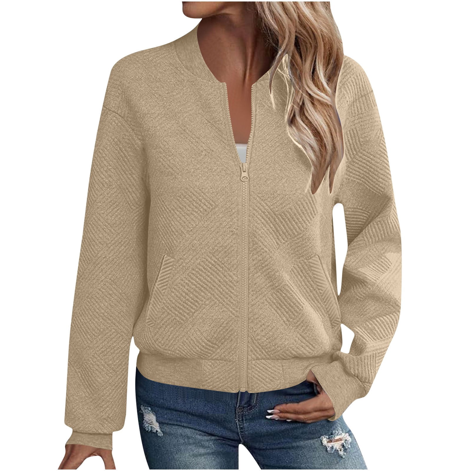 Khaki Womens Lounge Zip Up Long Sleeve Jacket Outfits for Women Spandex ...