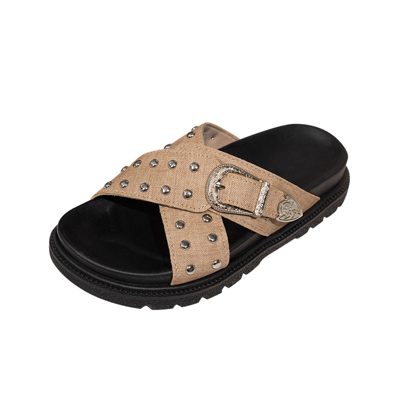 Khaki Womens Thick Soled Slippers With Open Toe And Cross Design For ...
