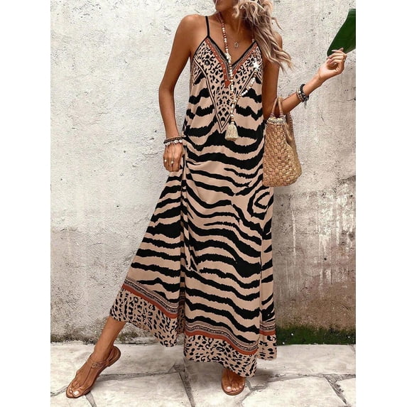 Khaki Zebra And Leopard Print Loose Maxi Slip Dress For Summer Vacation ...