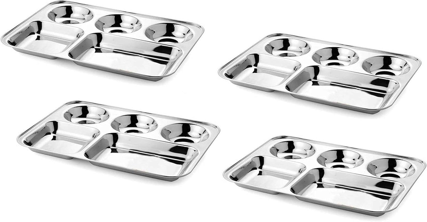 Khandekar Stainless Steel 5 Compartment Rectangular Dinner Plates, Mess ...