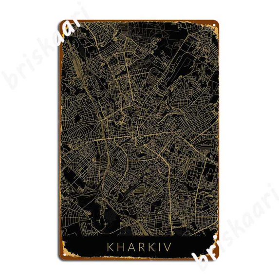 Kharkiv Map Black Gold Metal Sign Club Retro Club Bar Plates Tin Sign ...
