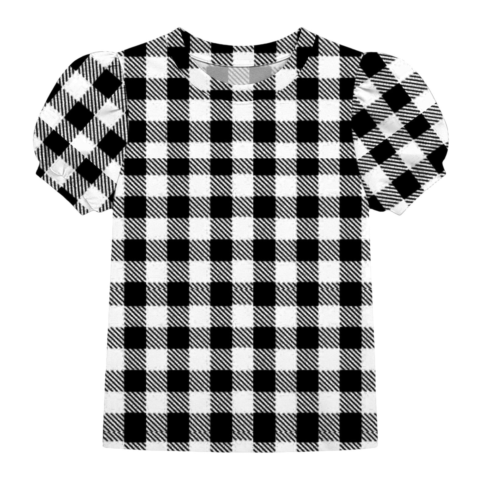 Khunlpohl 4-15 Years Girl's Puff Short Sleeves Tops Plaid Crew Neck ...