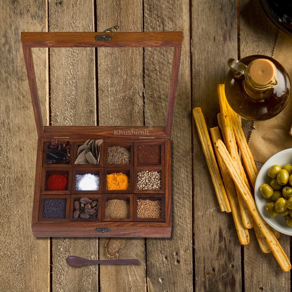 Khushimit Pure Sheesham Wooden Spice Box Masala Dabba with Glass Lid ...