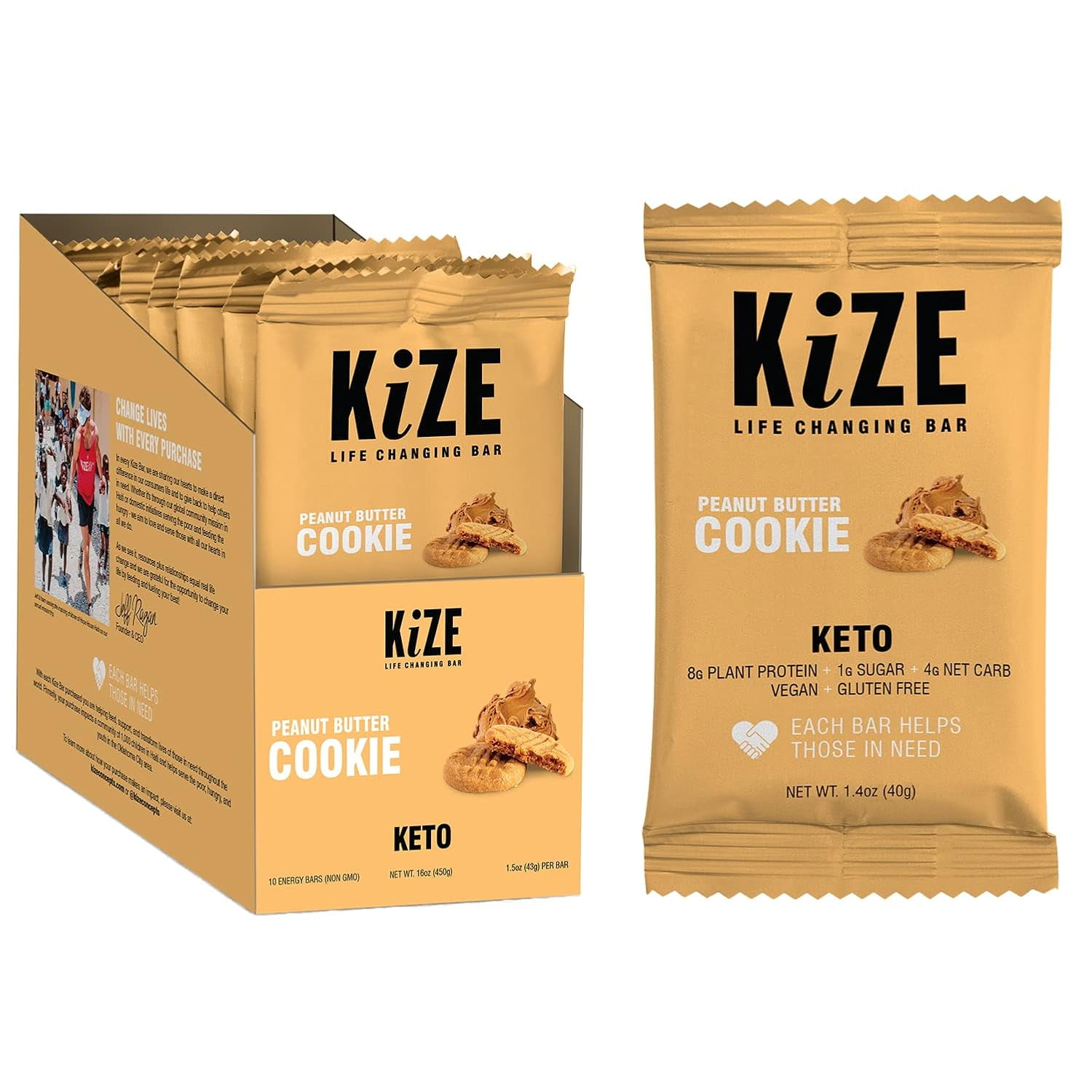 KiZE Keto Energy Bar, PB Cookie, Vegan, Plant Based Low Carb, 1.5oz ...