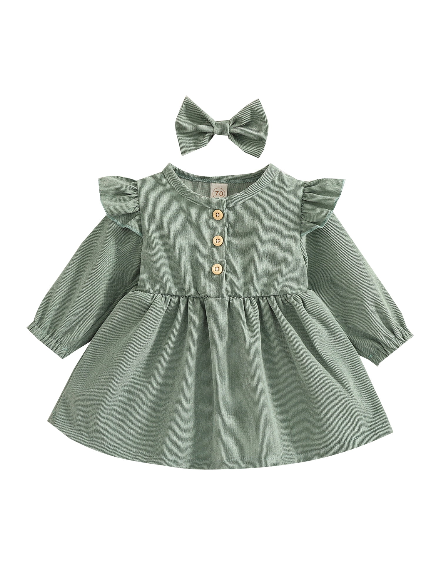 Kiapeise Toddler Baby Girls Corduroy Dress Long Sleeve Ruffle Button ...