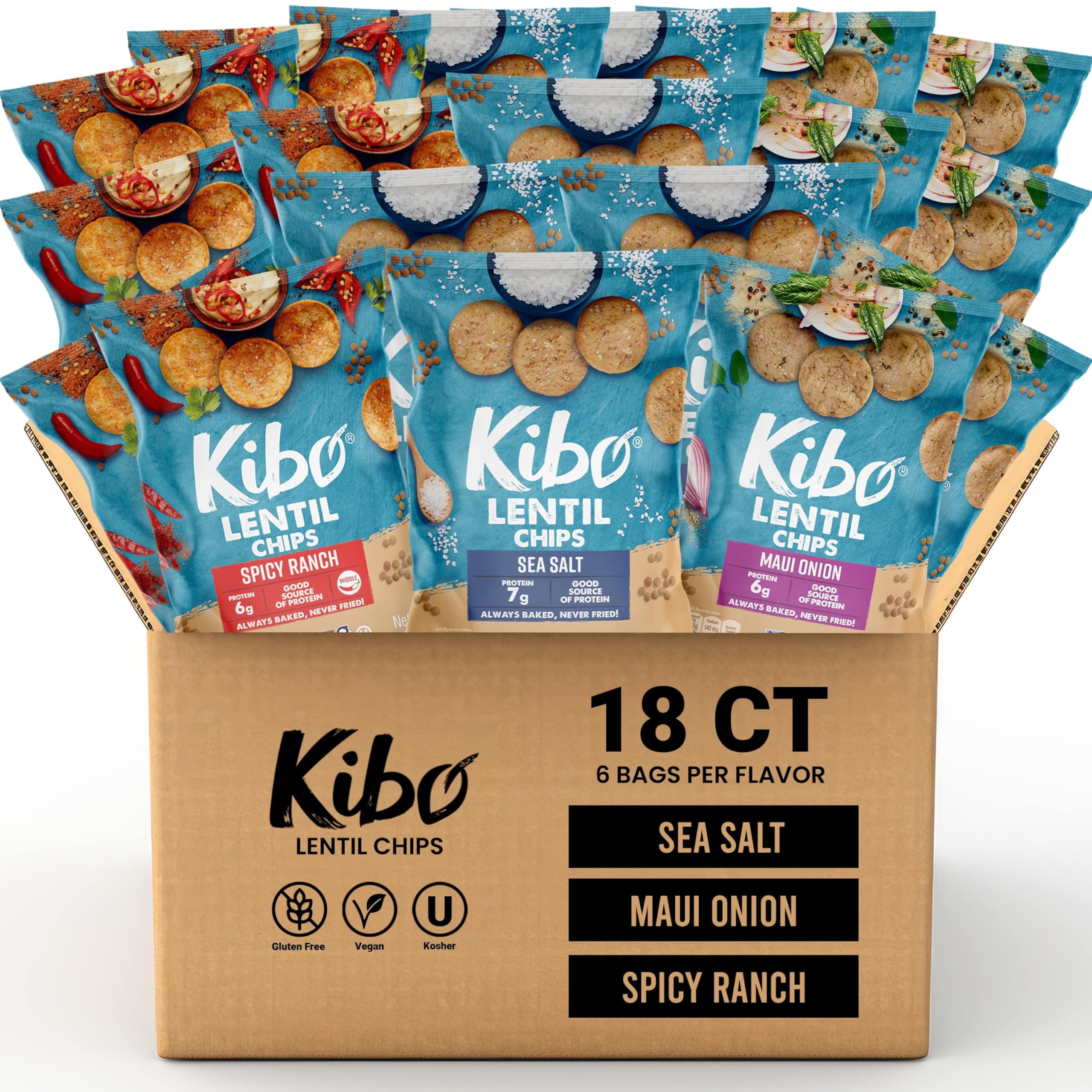 Kibo Lentil Chips Variety SAF21 Pack - Gluten-Free, Vegan, Non-GMO, Plant-Based, Maui Onion, Sea ...