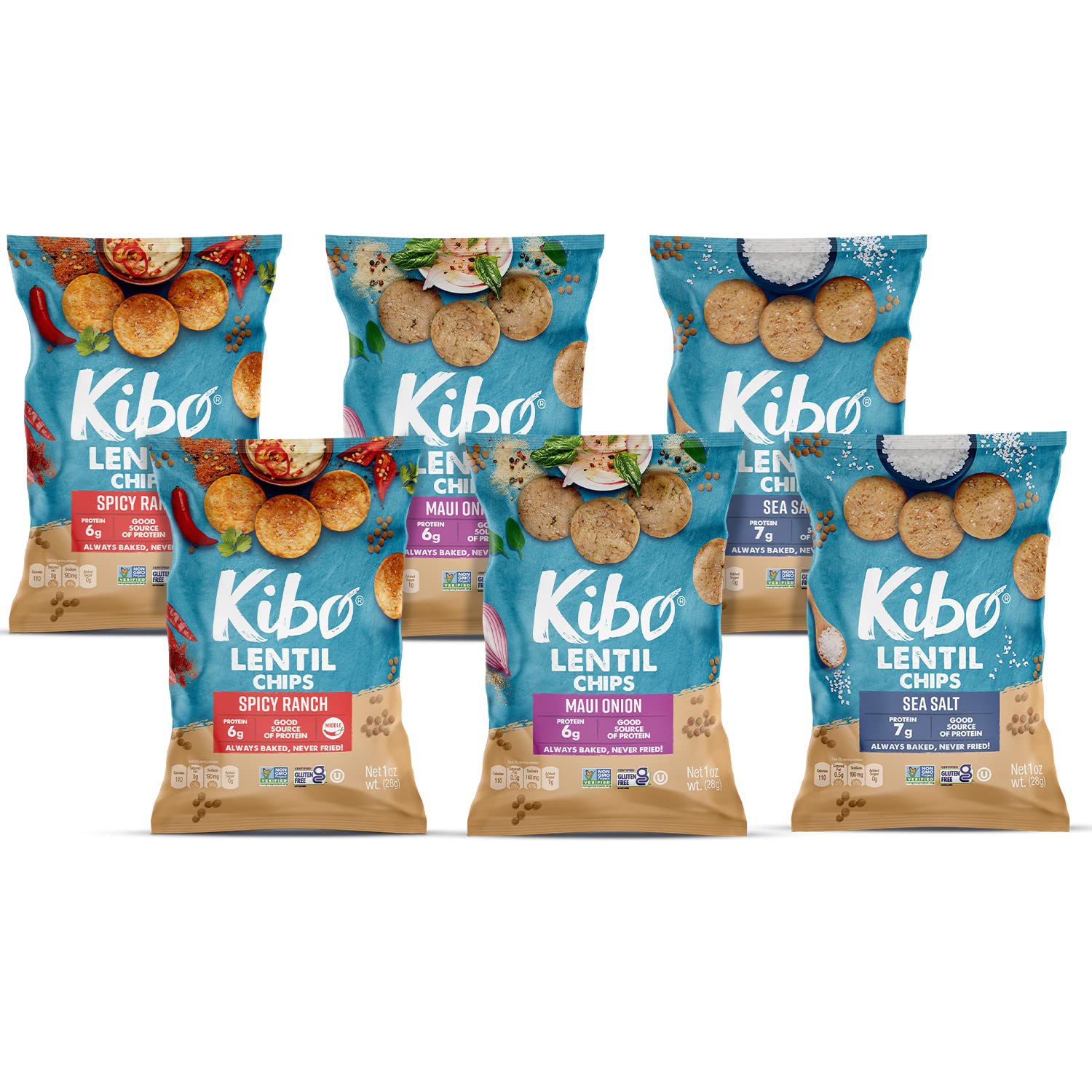 Kibo Super Snack Set (Sea Salt, Spicy Ranch, Maui Onion) Lentil Chips ...
