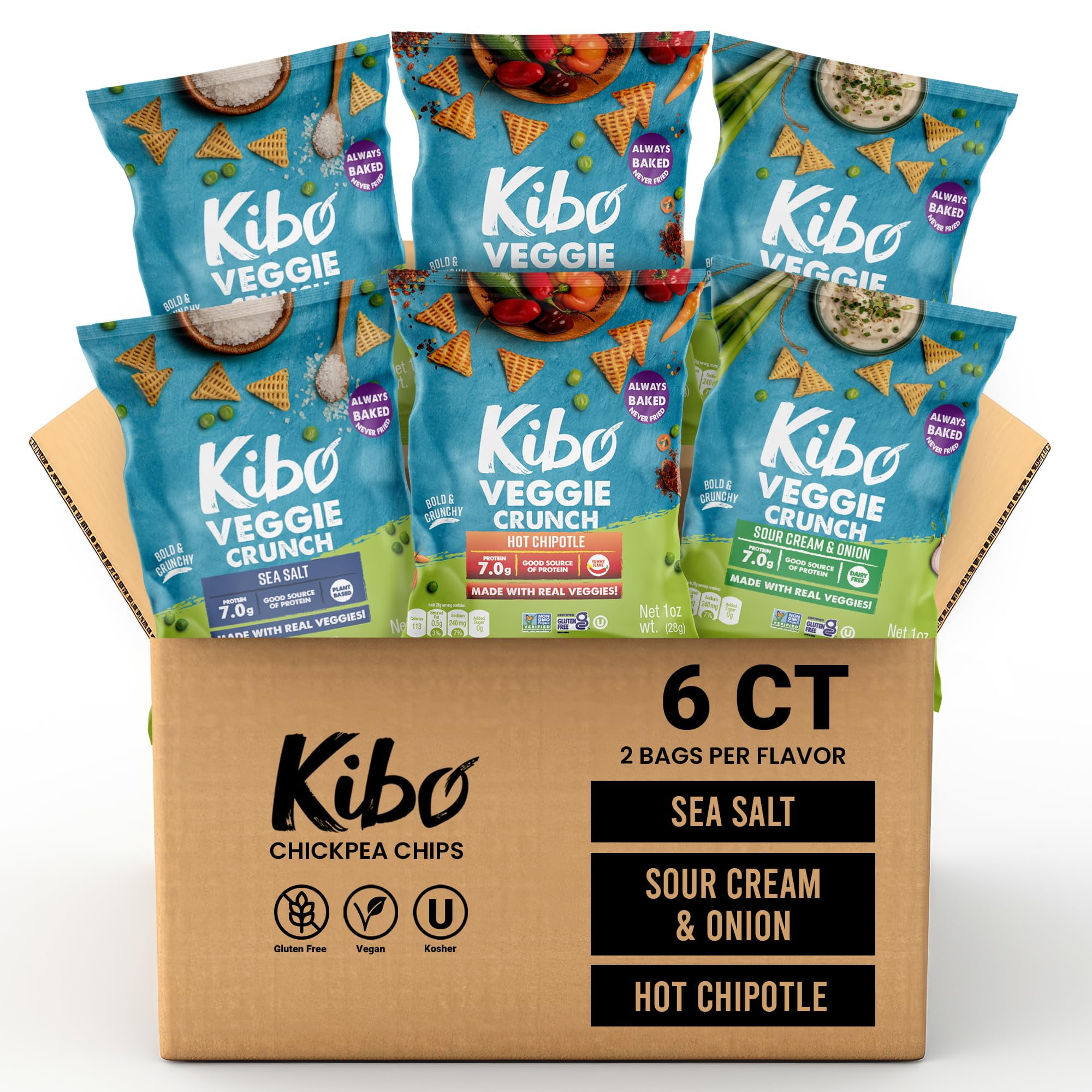 Kibo Veggie Chips Trial DMF15 Pack - 7g Plant-Based Protein, Sea Salt ...
