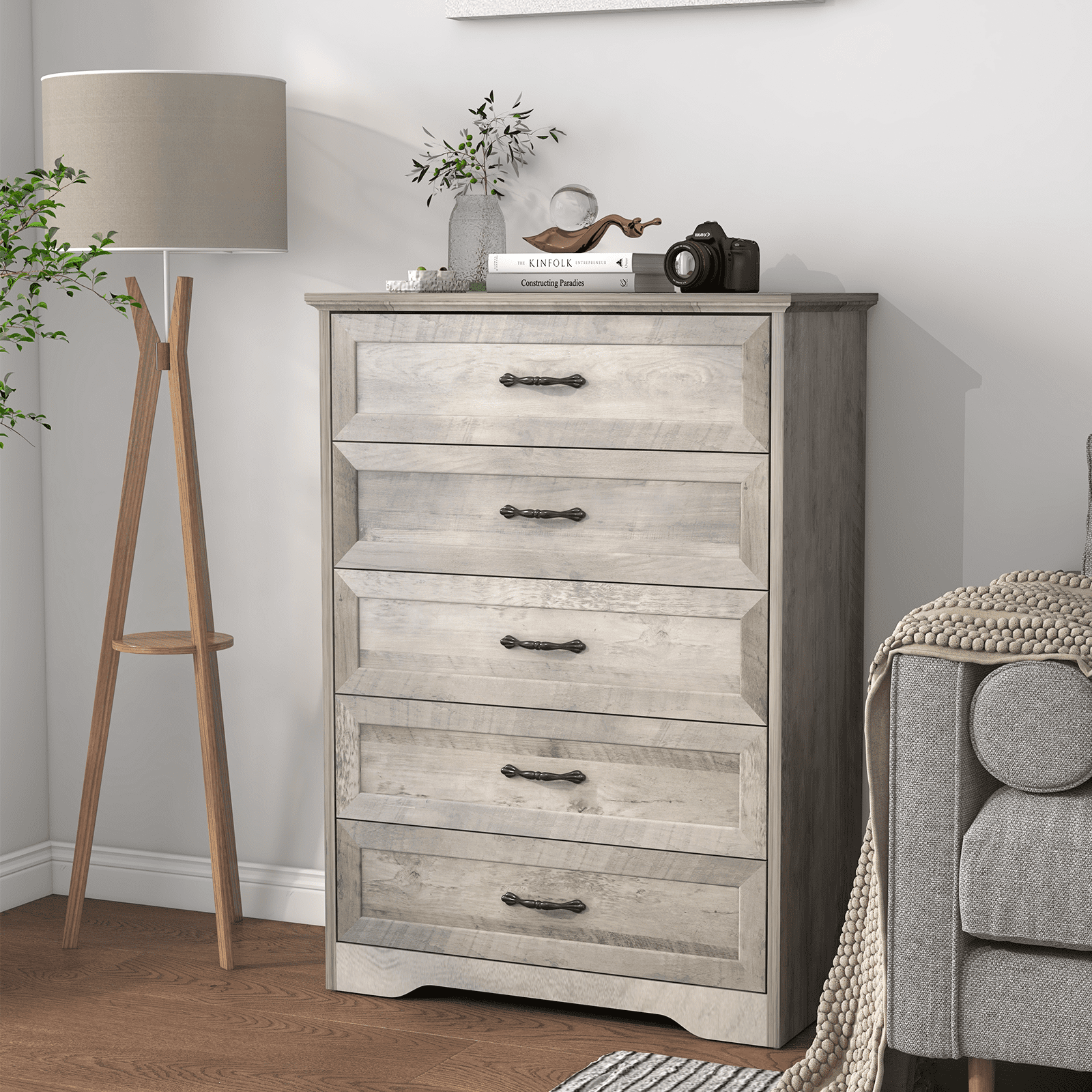 Kicctian 5 Drawer Dresser for Bedroom, Farmhouse Chest of Drawer with ...