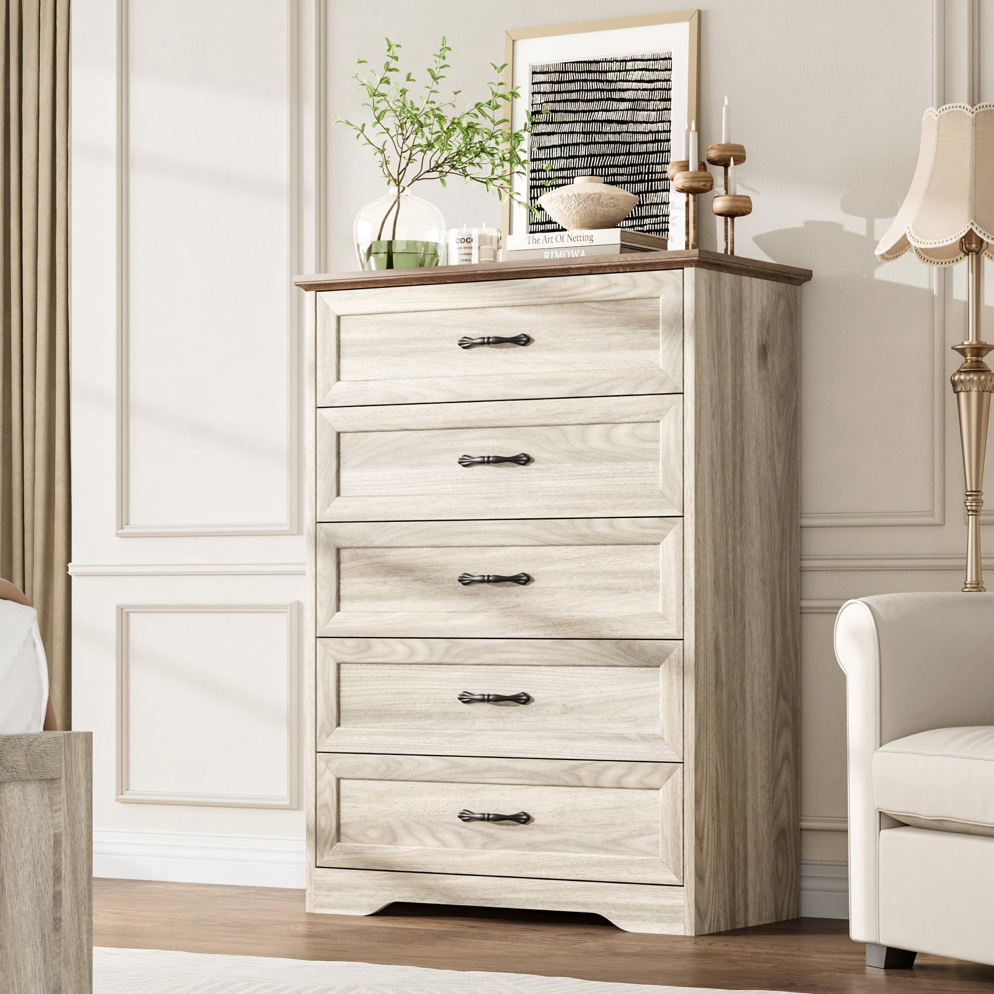 Kicctian 5 Drawer Dresser for Bedroom, Farmhouse Chest of Drawer with ...