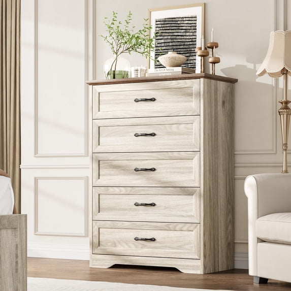 Kicctian 5 Drawer Dresser for Bedroom, Farmhouse Chest of Drawer with ...