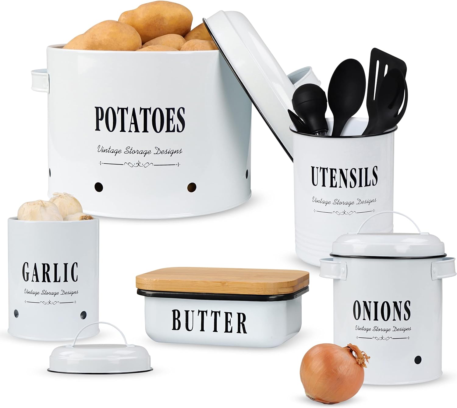 Kiche Uesil Holder, Buer Dish wih Lid, ad Garlic Oio ad Poao Sorage Bis ...