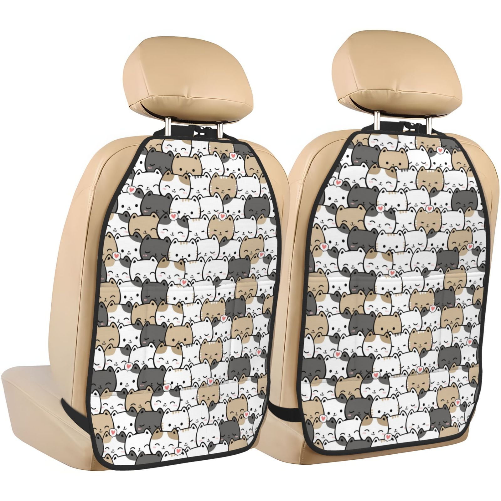 Kick Mats with Backseat Car Organizer 2 Pack - Cartoon Cute Cat Face ...